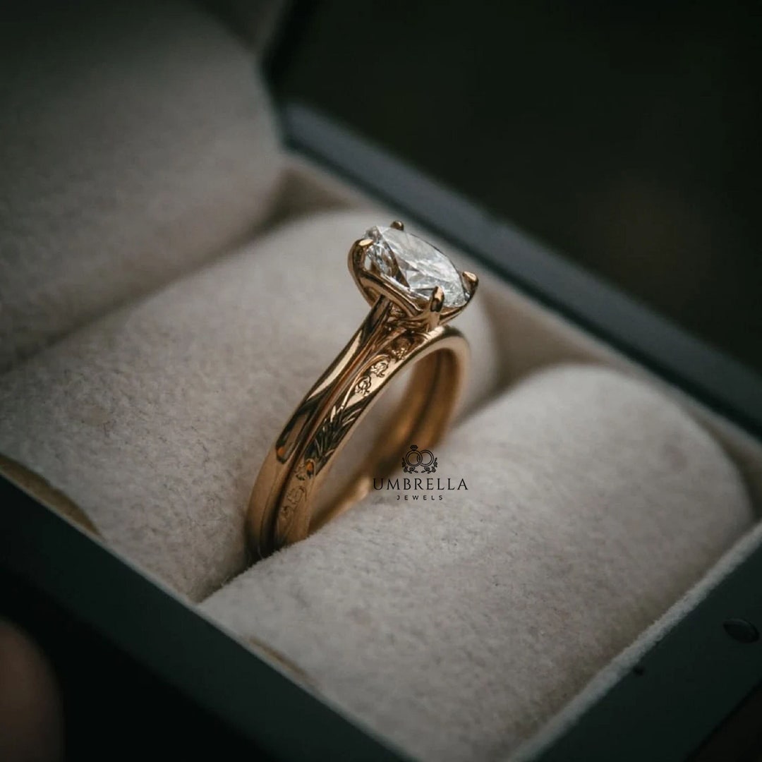 14K Solid Gold Ring Set, Oval Engagement Ring Set, 5x8mm Delicate Oval ...