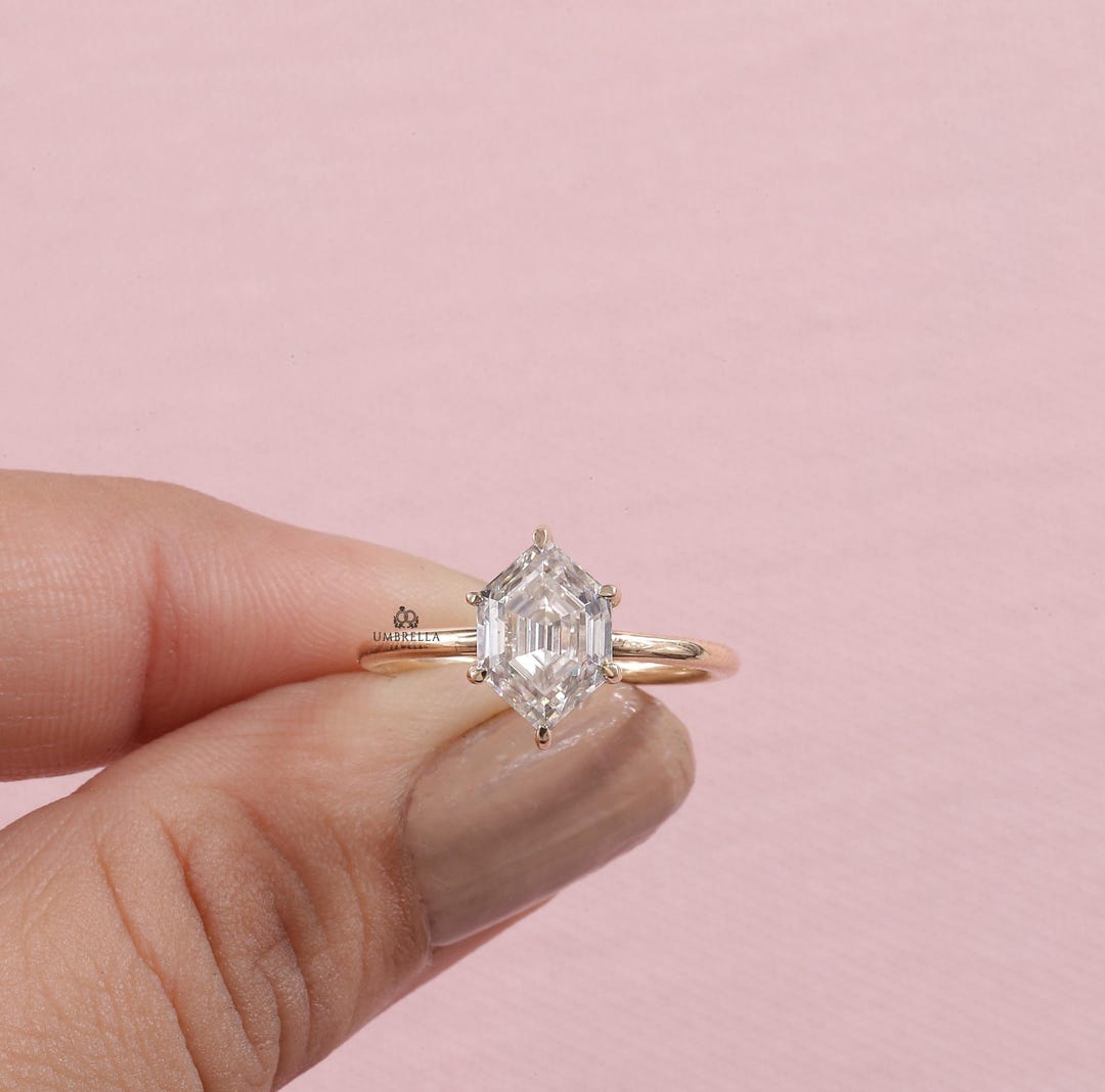Elongated Hexagon Step Cut Diamond Ring, Solitaire Engagement Ring, 14k ...