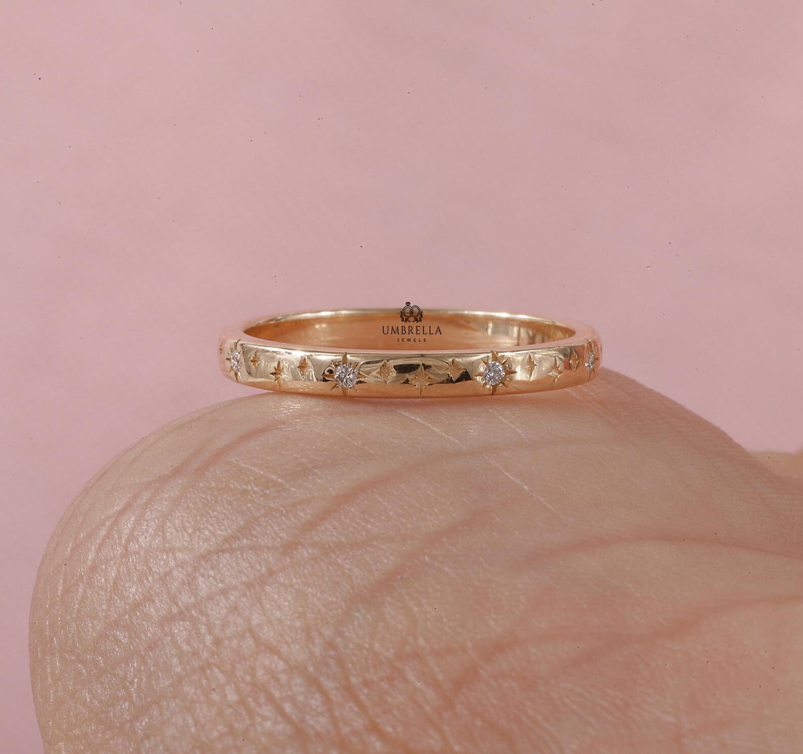 Diamond Starburst Wedding Band, Vintage Star Band, 14K Yellow Gold Band ...