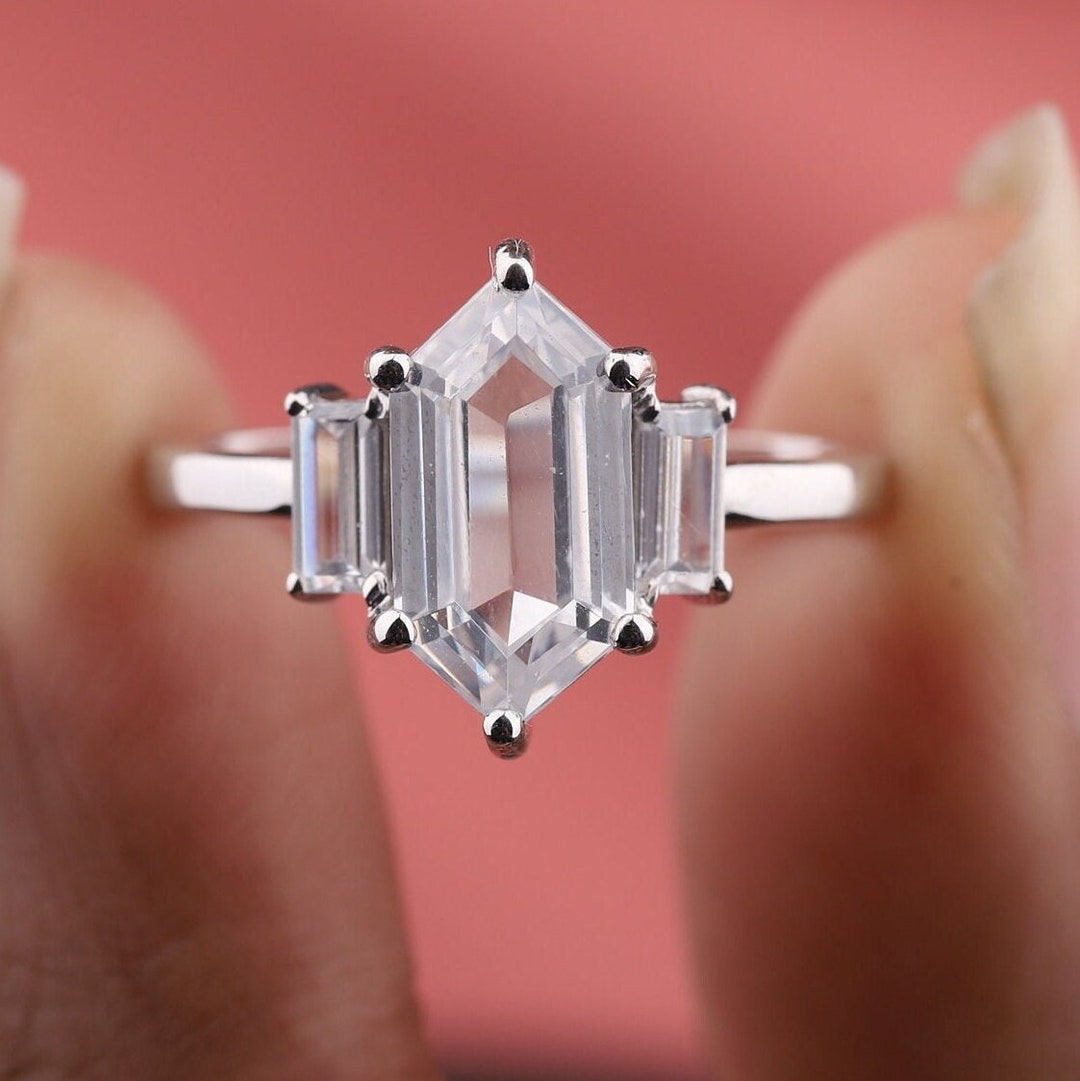Hexagon Cut Moissanite Engagement Ring Hexagon Step Cut & Baguette ...