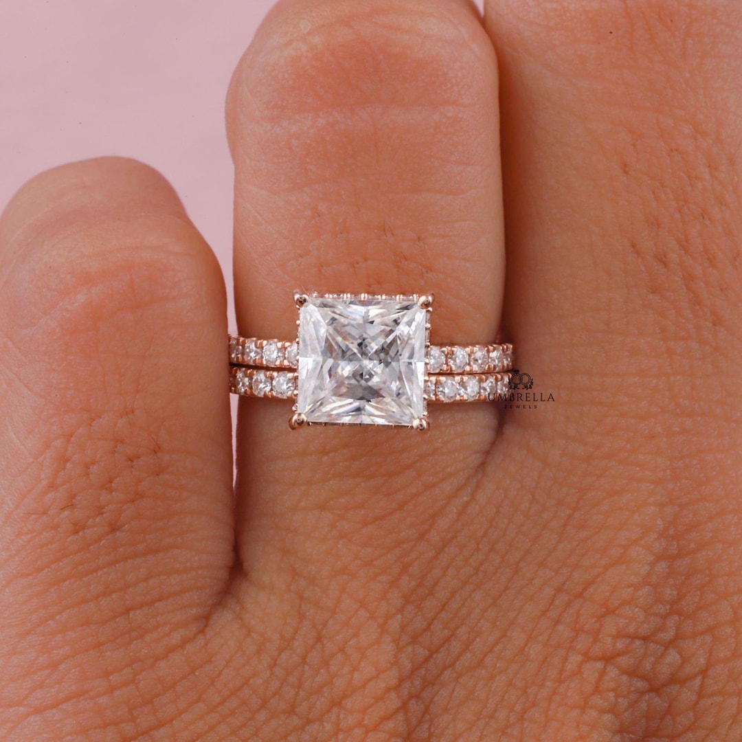 Princess Cut Bridal Set in 10k/14k White Gold, Princess Cut Moissanite ...