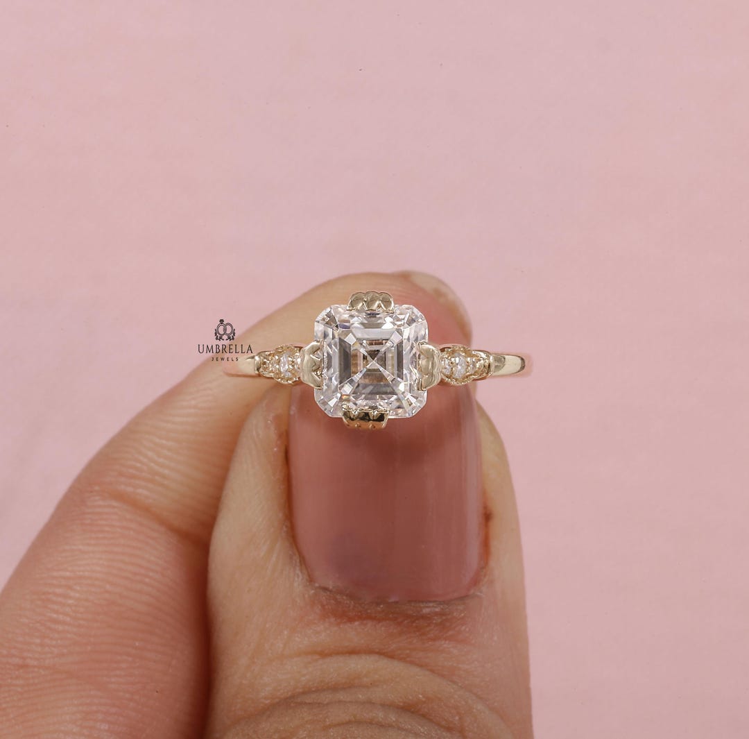 Asscher Cut Moissanite Solitaire, Compass Prong Engagement Ring ...