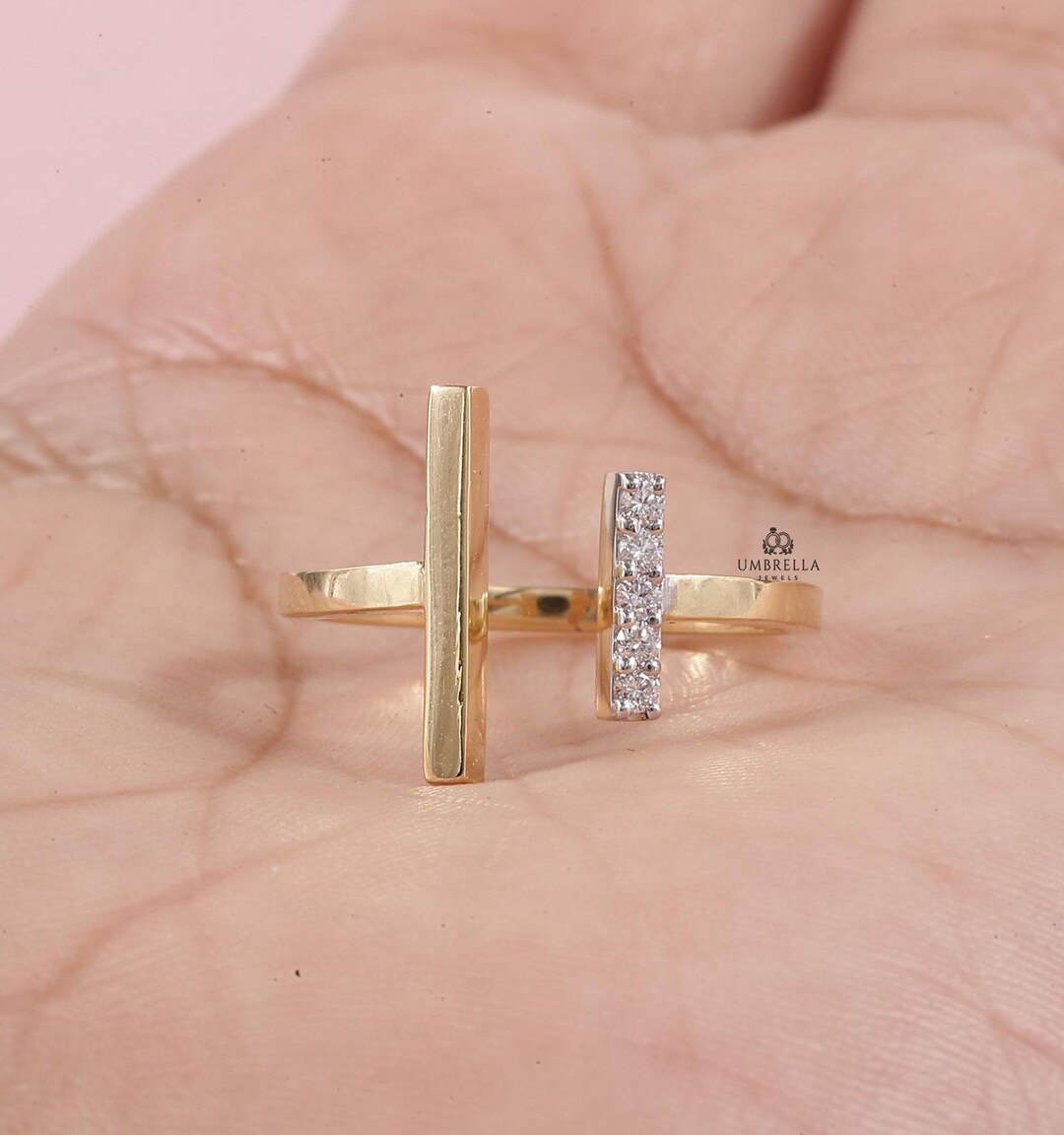 Open Cuff Ring, 14k Solid Gold Open T Bar Ring, Lab Grown Diamond ...