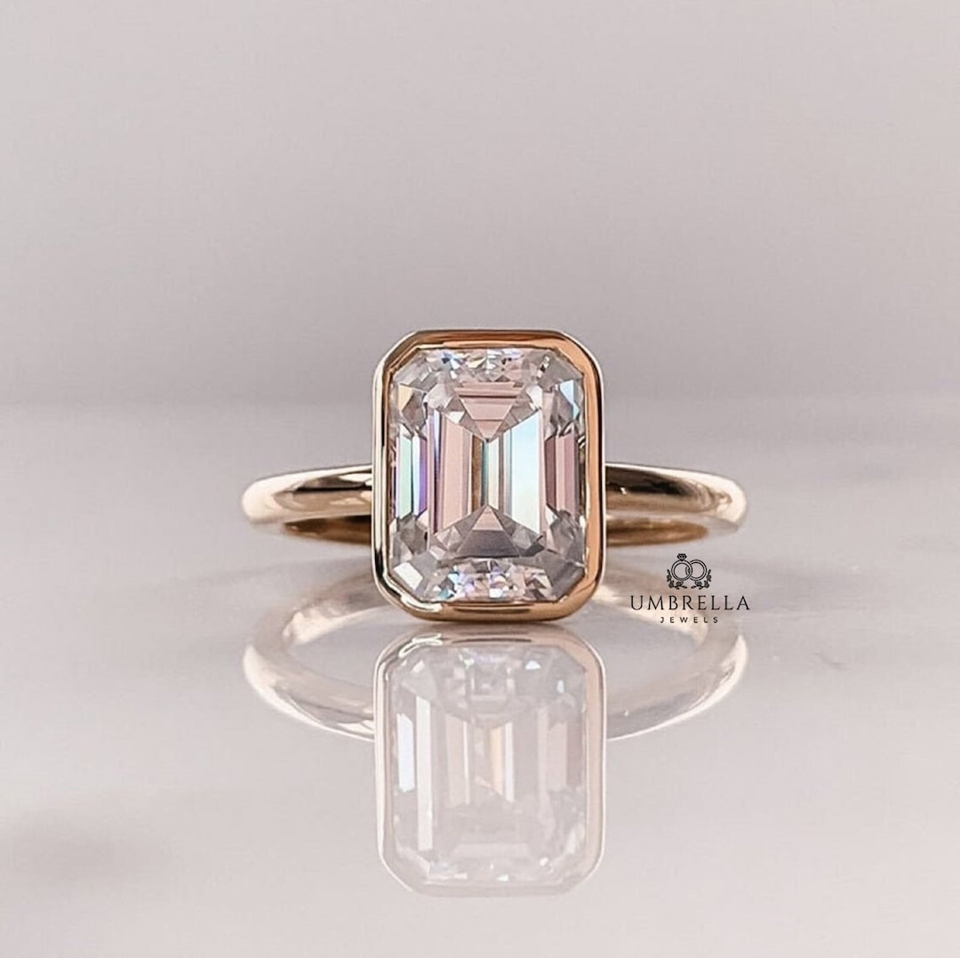 3 CT Emerald Cut Moissanite Ring Bezel Set Emerald Solitaire Ring ...