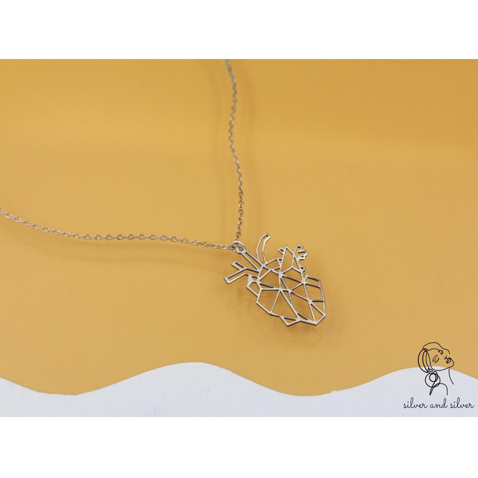 Origami Anatomical Heart Necklace ,925 Sterling Silver ,anatomical ...
