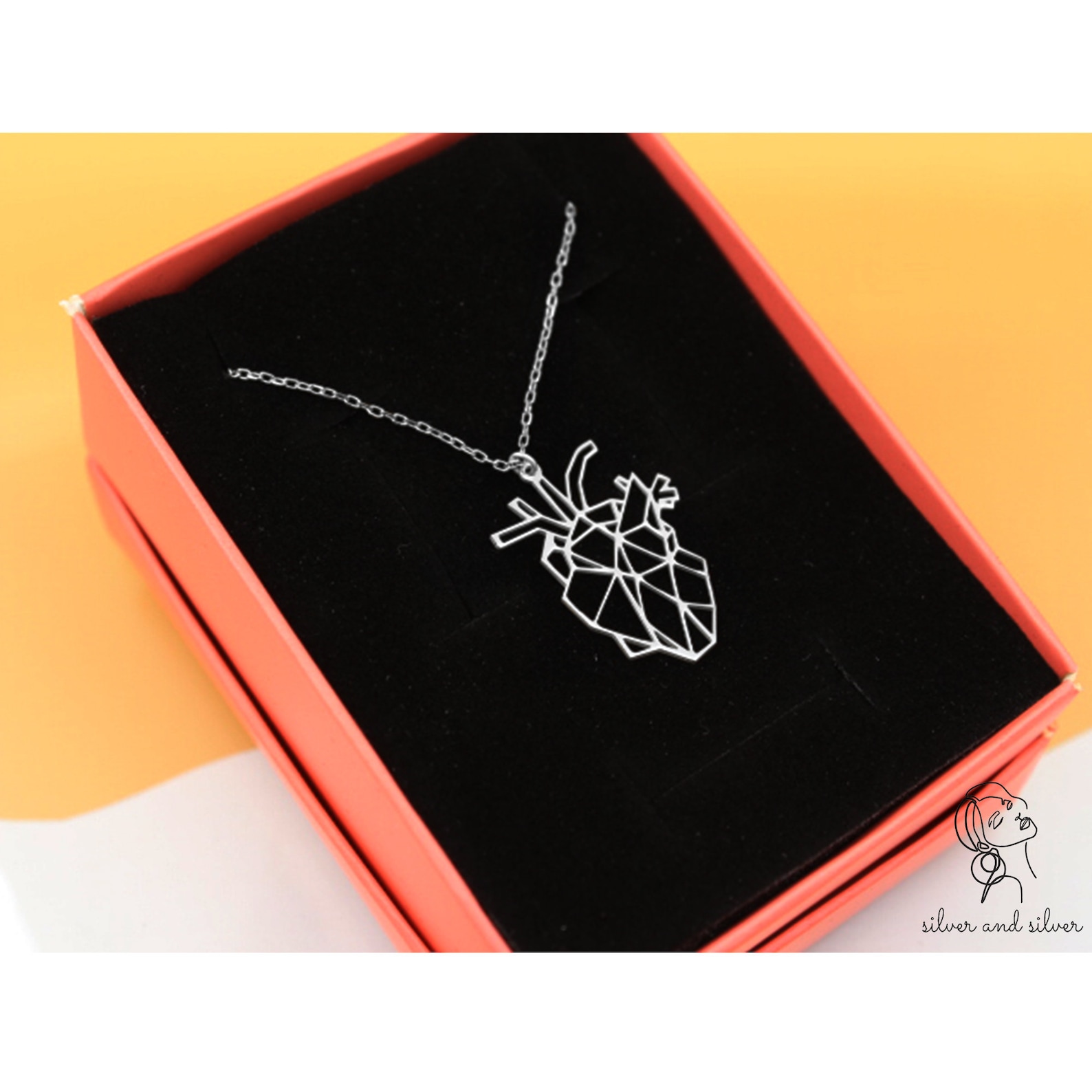 Origami Anatomical Heart Necklace ,925 Sterling Silver ,anatomical ...