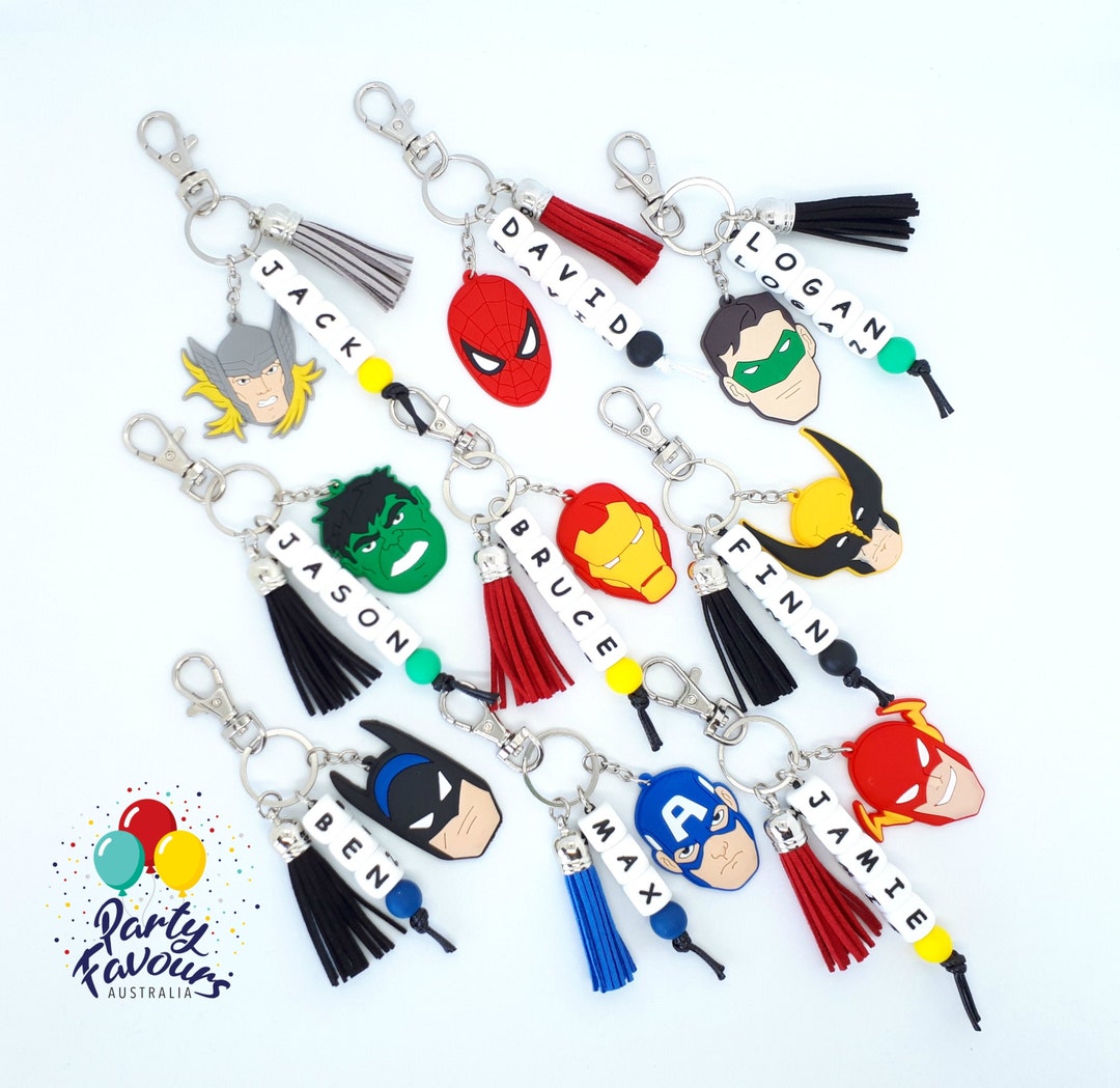 Personalised Superhero Key Chain: Silicone Bag Tag, Kids Party Favor ...