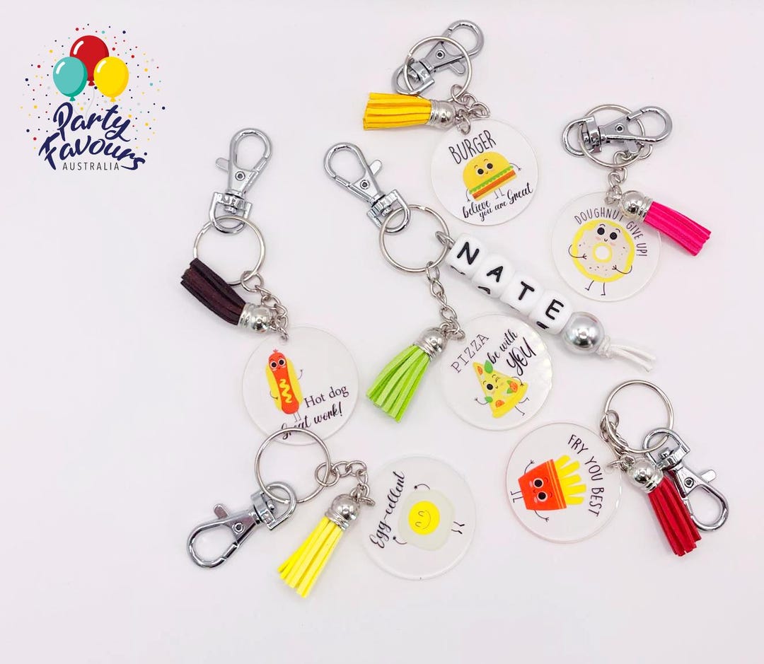 Personalised Funny Affirmation Food Keychains Kids Party Favour Custom ...