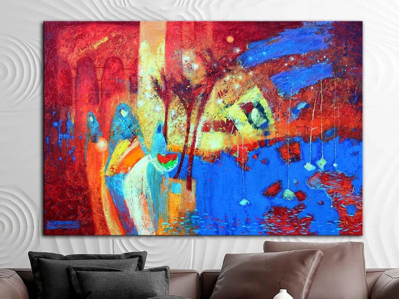 Paisagem abstrata com arcos vermelhos e azuis: Figuras texturizadas em ...