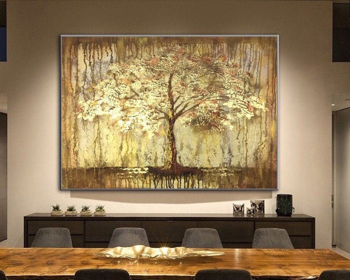Golden Tree of Life Painting – Large Textured Gold Wall Art, Autumn ...