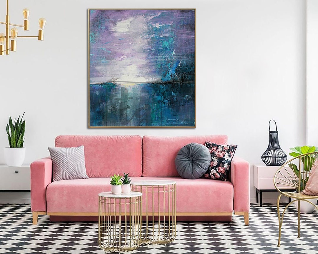 Grande pintura abstrata azul texturizada em tons de verde-azulado e ...