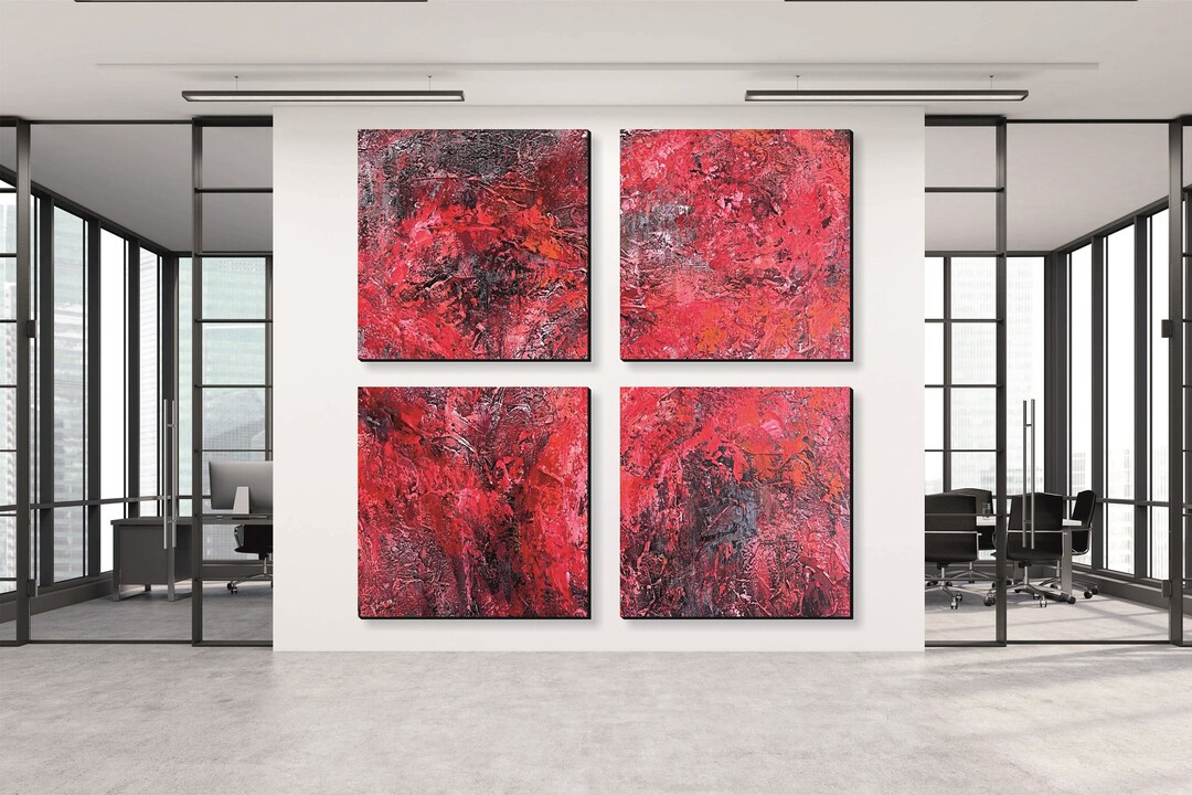 Abstract Red Set of 4 Paintings on Canvas, Modern Custom Oil Painting ...