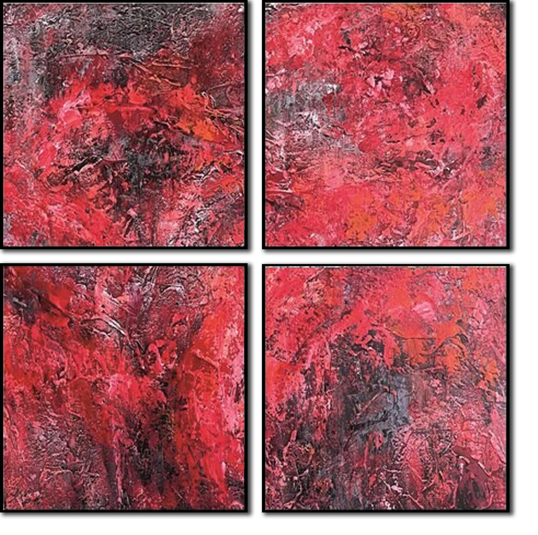 Red Painting 4-panel Abstract Original Canvas Art Set Modern Wall Decor ...