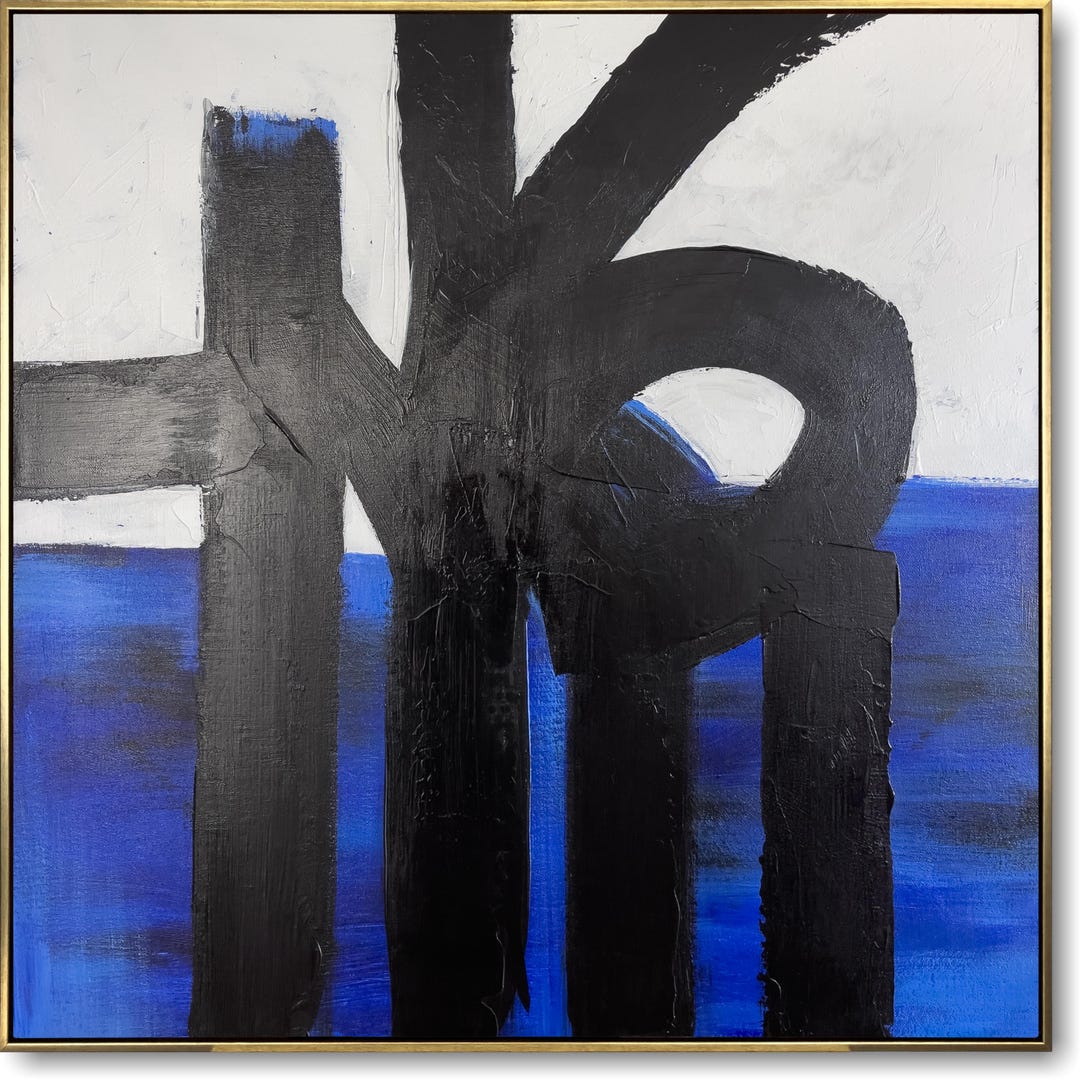 Original Square Acrylic Painting Abstract Black Shapes on White and ...