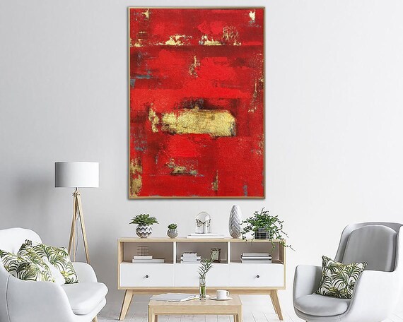 Abstract Red Painting on Canvas Minimalist Wall Art Gold Leaf - Etsy