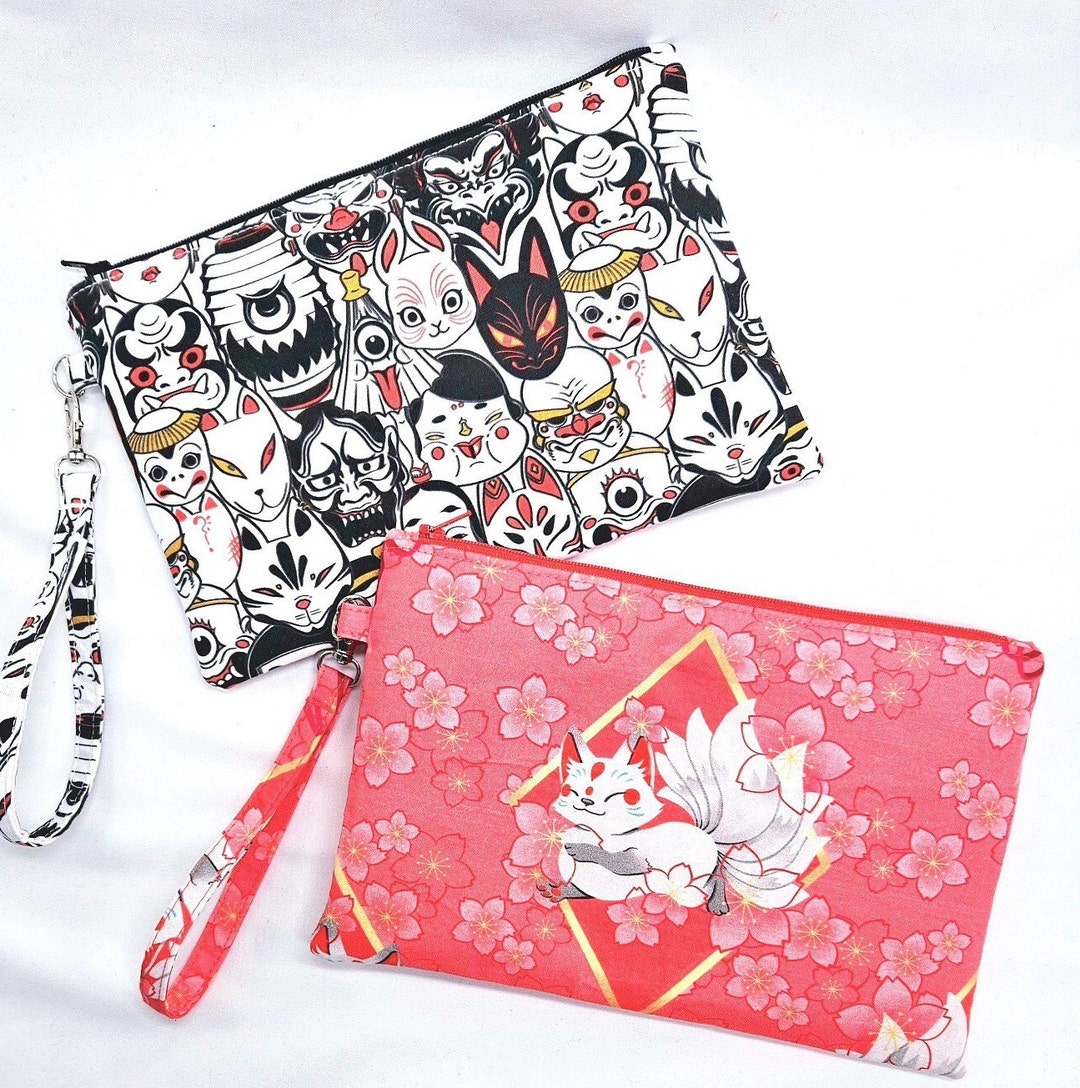 Kawaii Fox and Yokai Print Flat Zipper Pouch, Lightly Padded and Water-resistant Lining ...