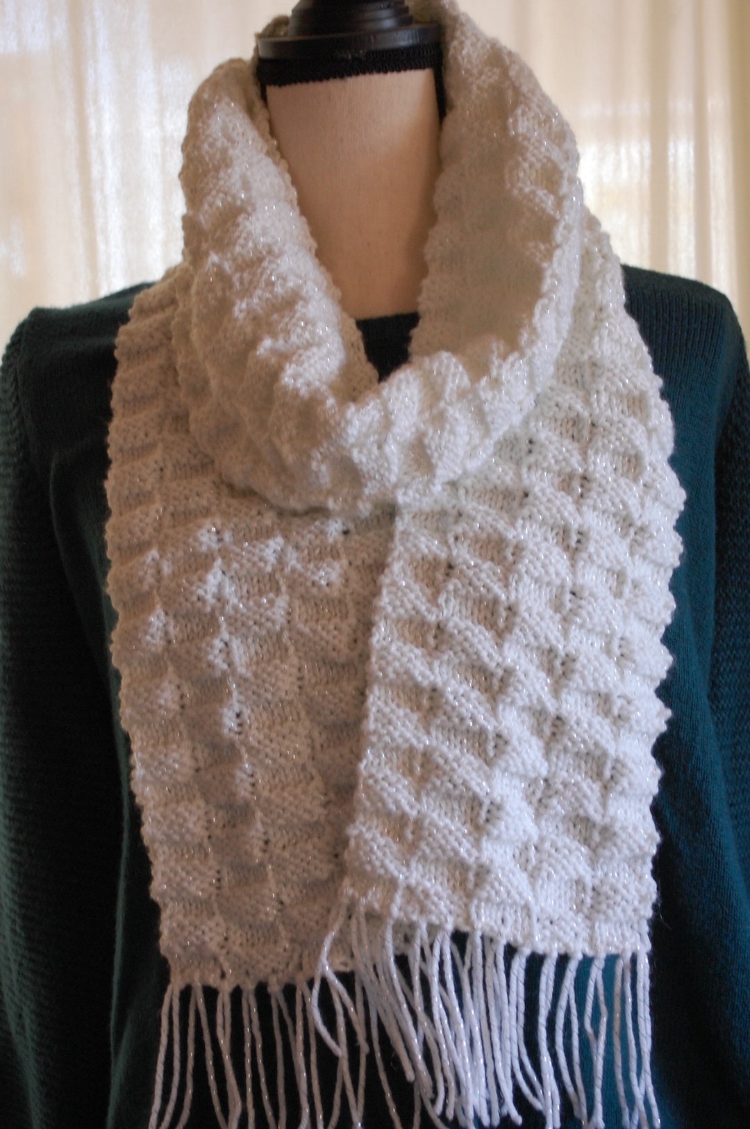 Hand Knit White Scarf - With Sparkle!! - Acrylic - Soft and Cozy - Etsy