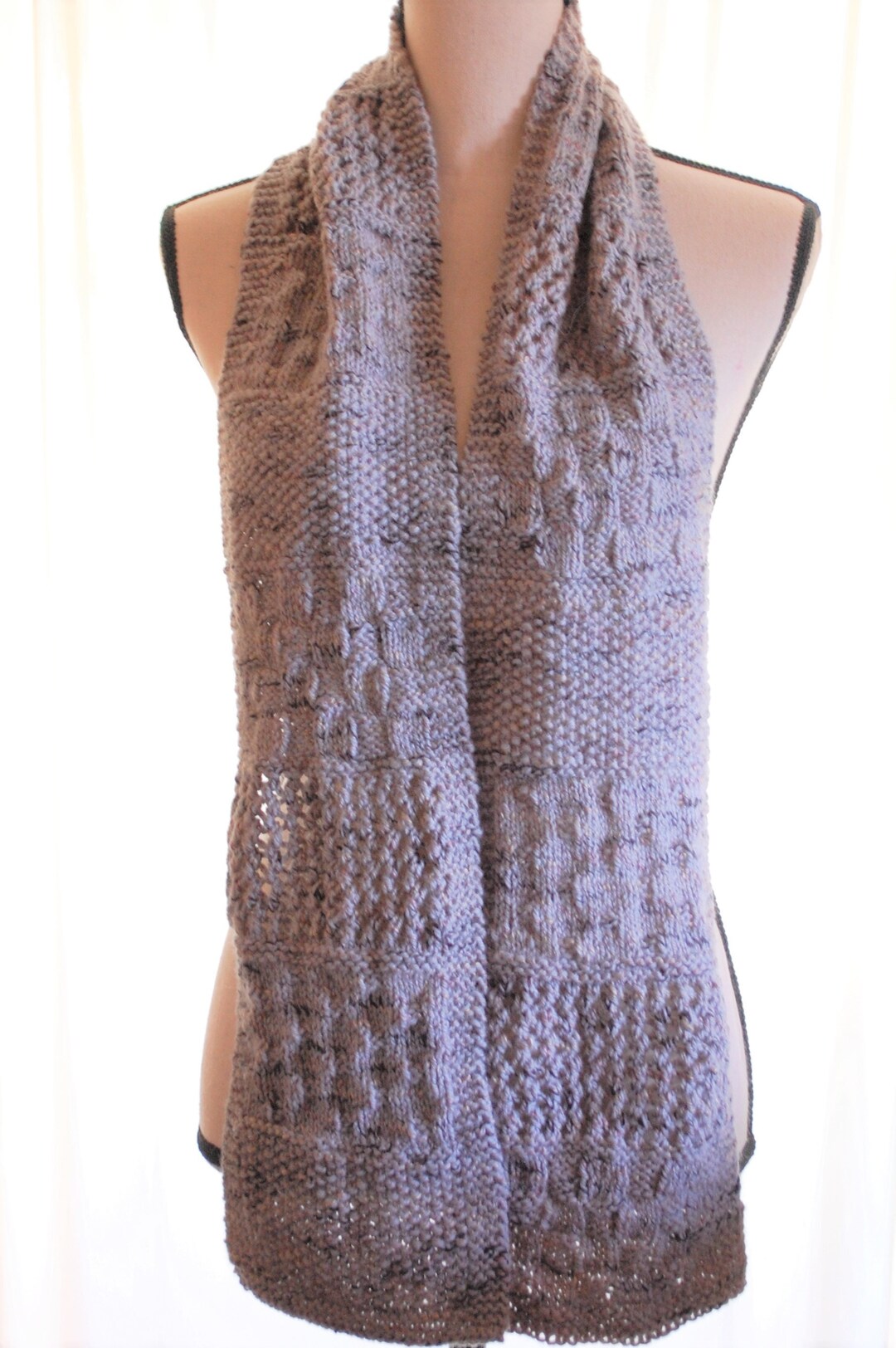 Hand Knit Sampler Scarf - Wool and Acrylic Blend - Gray Tweed - Soft ...