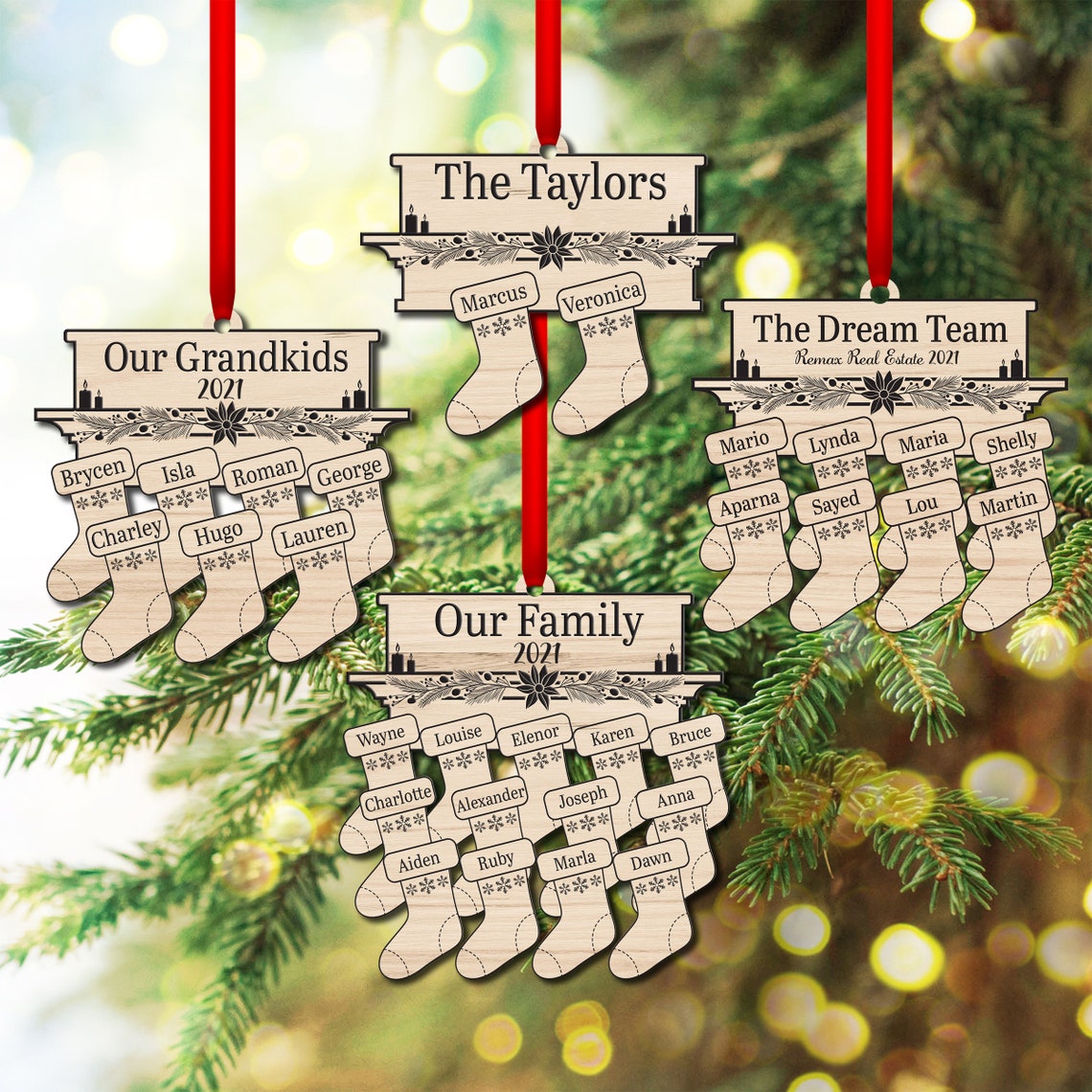 Family, Group Christmas Tree Ornament, Stockings on Fireplace 2-15 ...