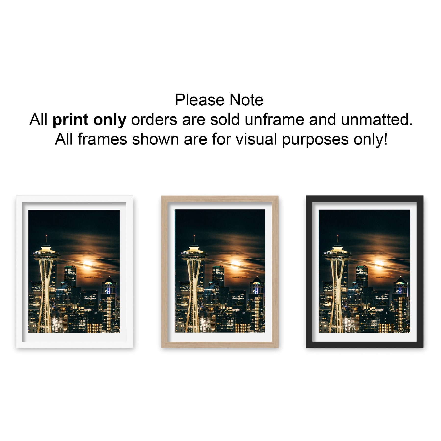 Full Moon, Downtown Seattle Space Needle Moon Photo Print, Canvas Photo ...