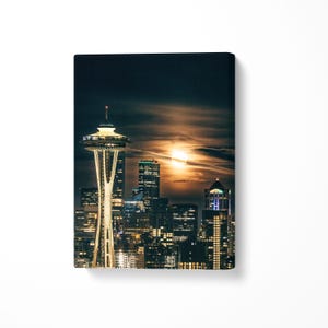 Full Moon, Downtown Seattle Space Needle Moon Photo Print, Canvas Photo ...