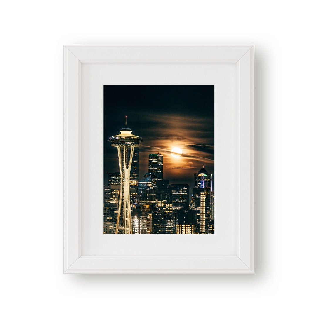 Full Moon, Downtown Seattle Space Needle Moon Photo Print, Canvas Photo ...