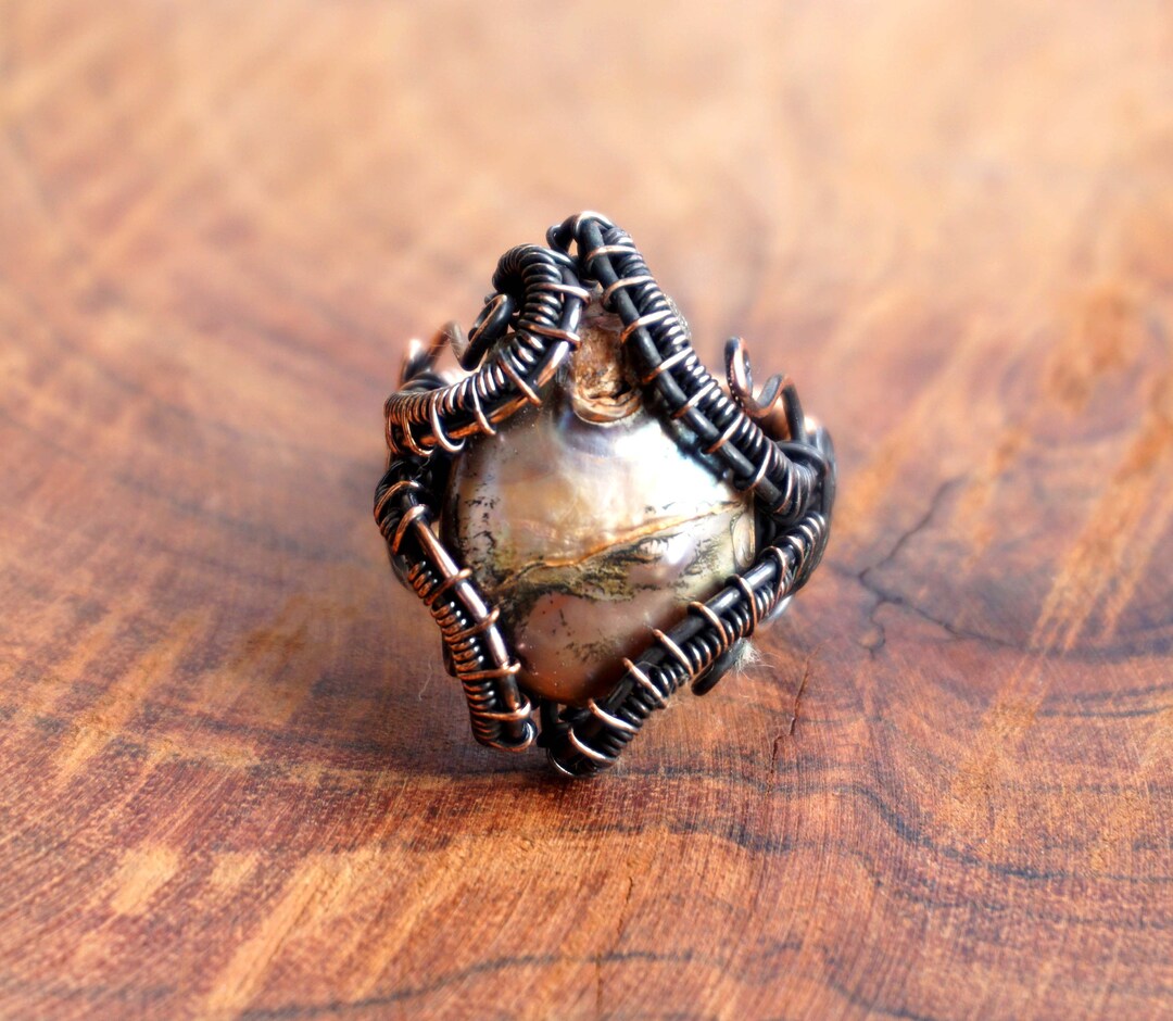 Wire Wrapped Shell Cabocon Ring, Handmade Copper Wire Wrapped Gemstone ...