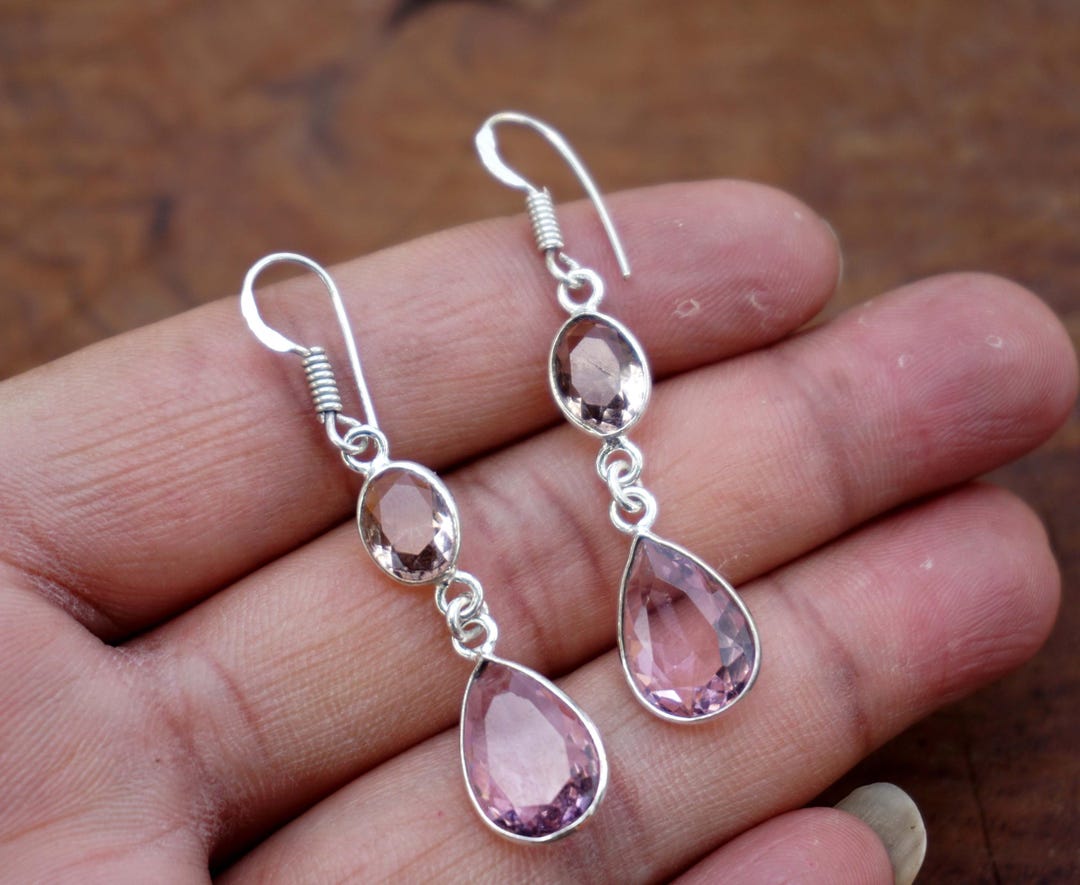 Natural Rose & Clear Quartz Gemstone Earring, Vintage Style Handmade ...