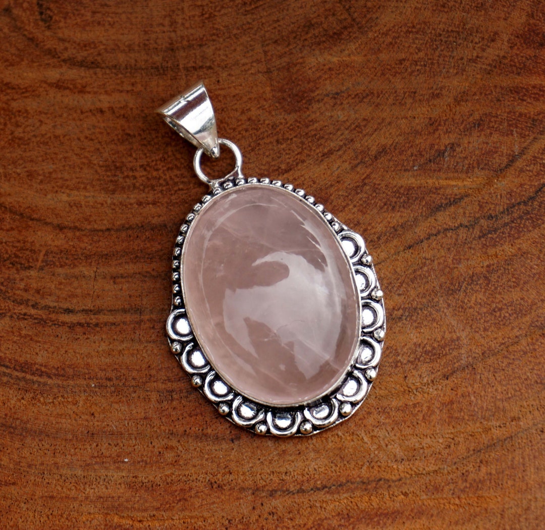 Natural Rose Quartz Cabochon Pendant, Silver Pendant, Vintage Style ...