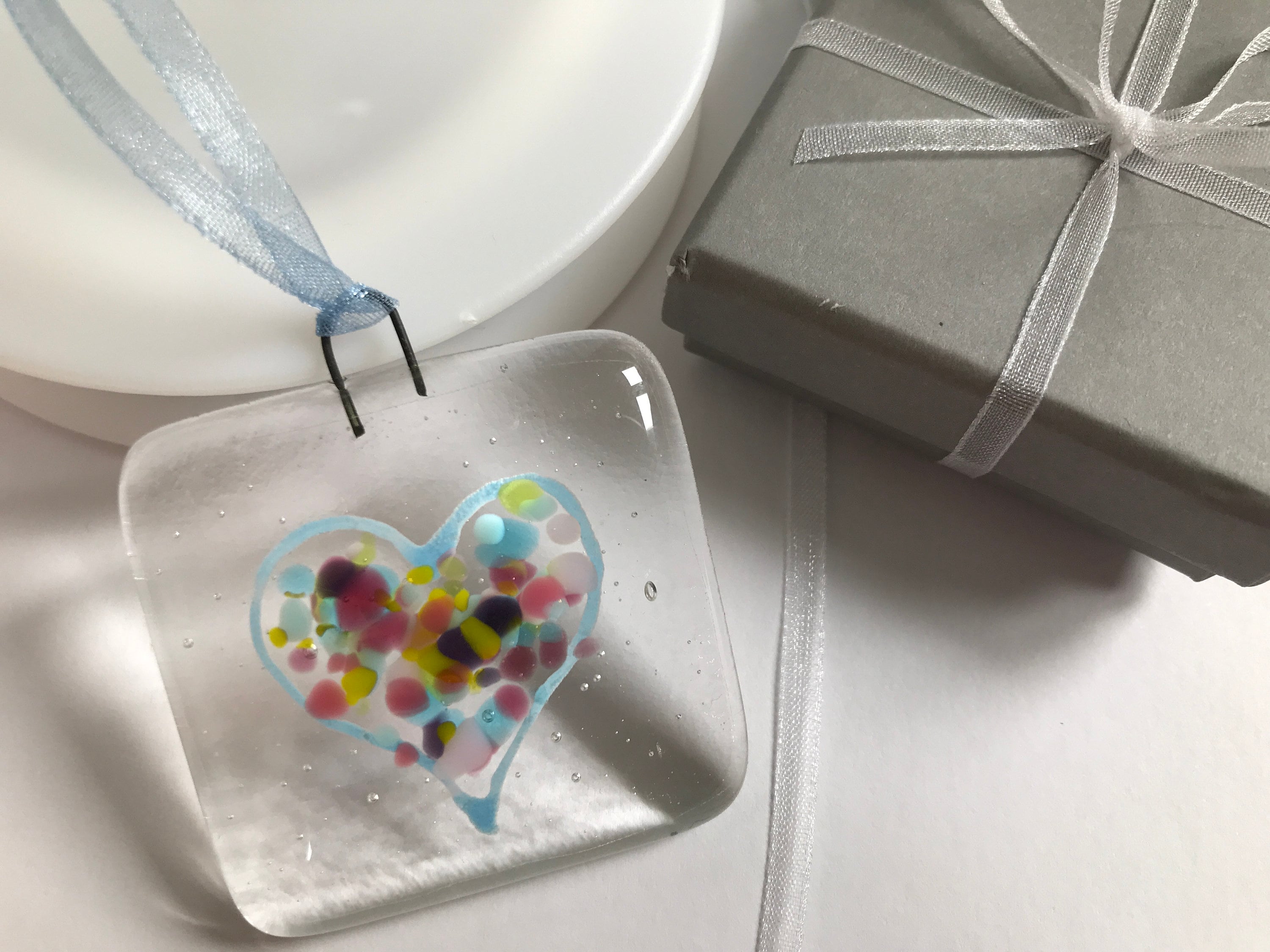 Fused Glass Heart Mini Hanging Decoration, Handmade Glass, I Love You ...