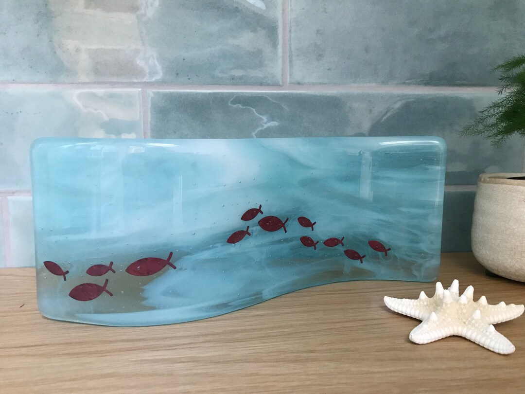 Fused Glass Ocean & Fish Wave, Handmade Fused Glass Art, Aqua Sea Wave ...