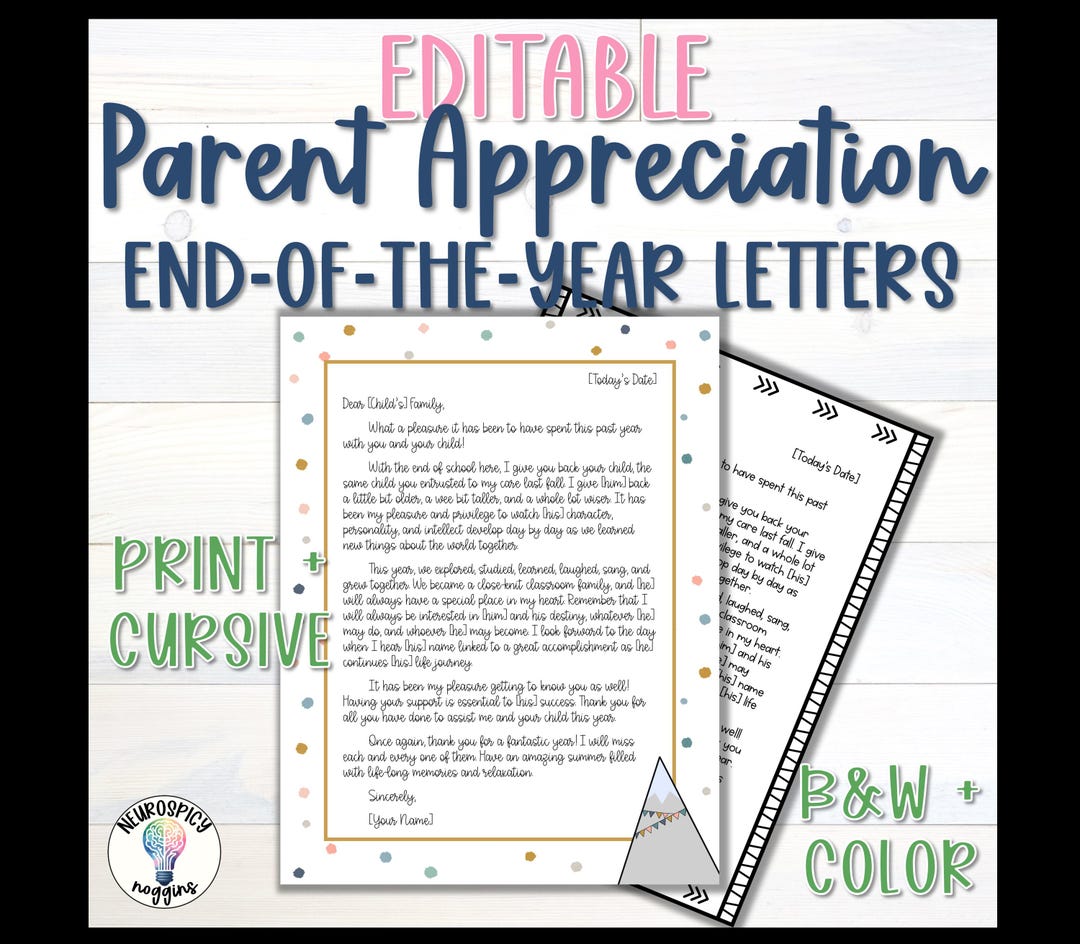 Editable English Teacher to Parent Appreciation Thank You End of the ...
