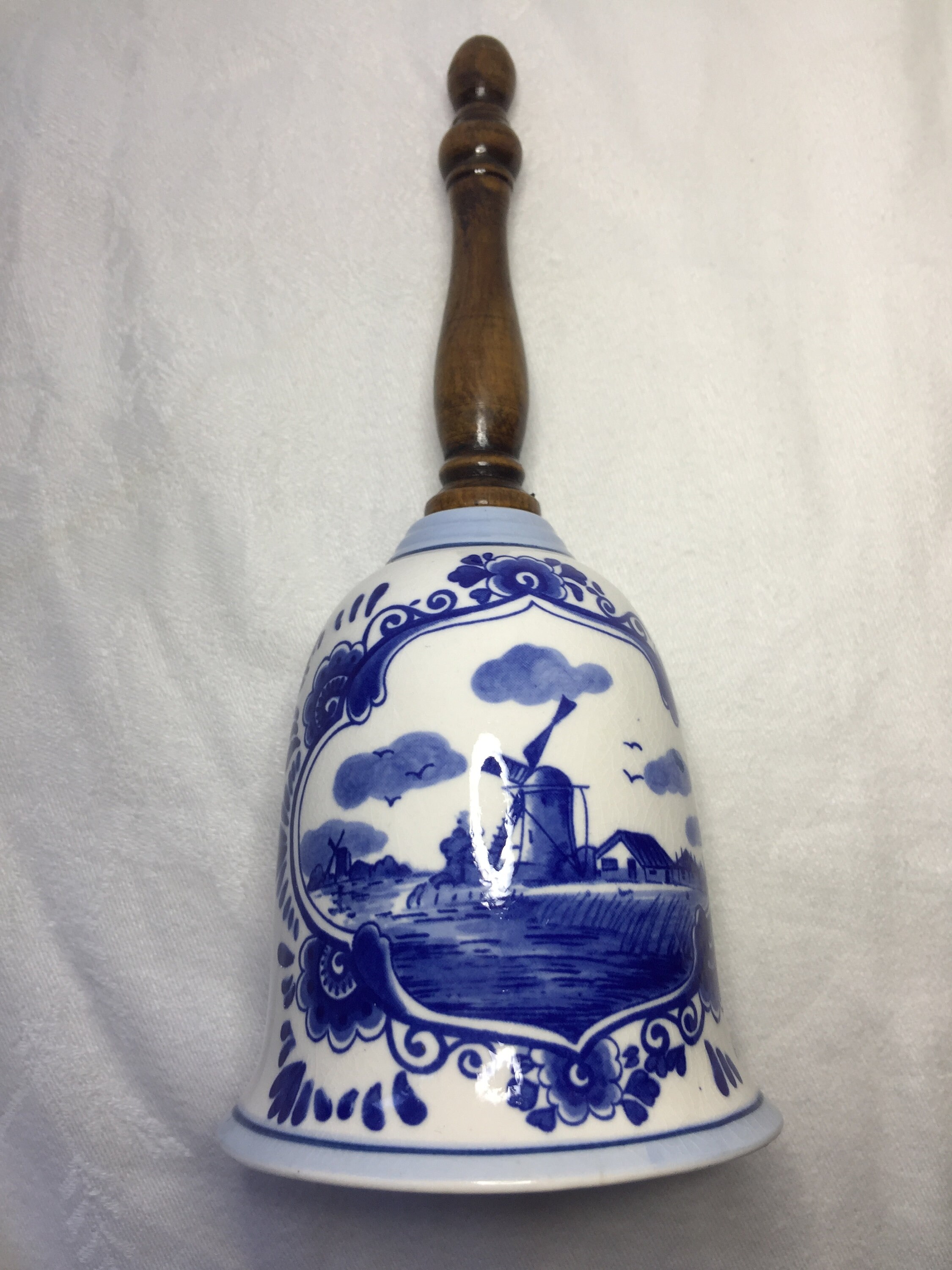 Delft Blue Porcelain Bell Wooden Handle Windmill Floral Design Holland ...
