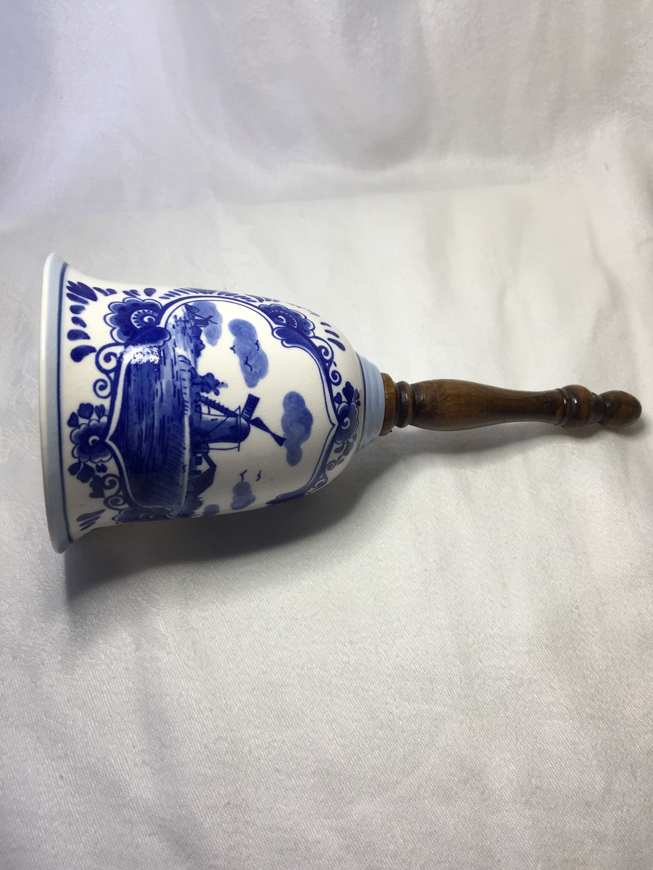 Delft Blue Porcelain Bell Wooden Handle Windmill Floral Design Holland ...