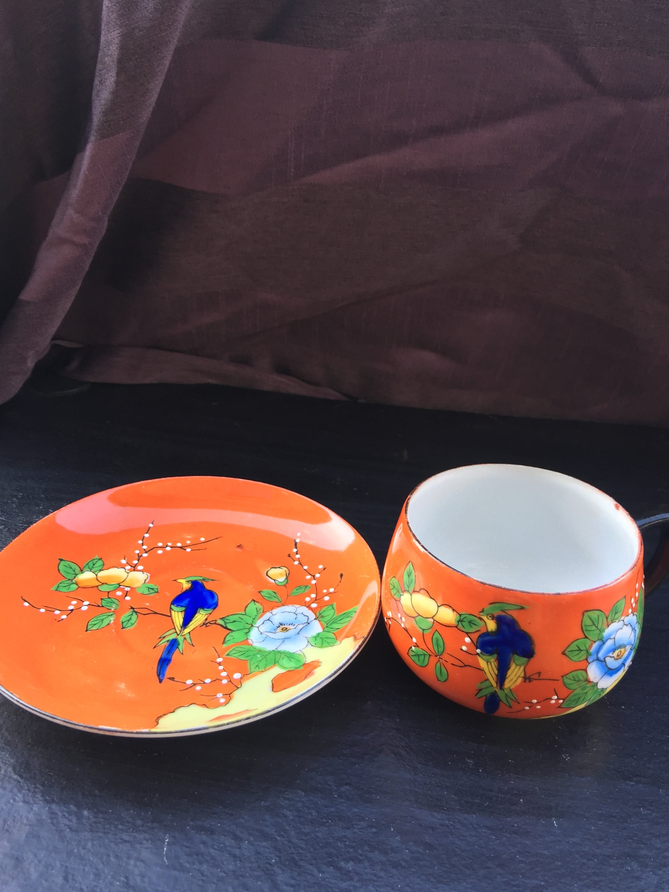 Rare Chikaramachi Japan Hand Painted Coral Color Bird Floral Teacup - Etsy