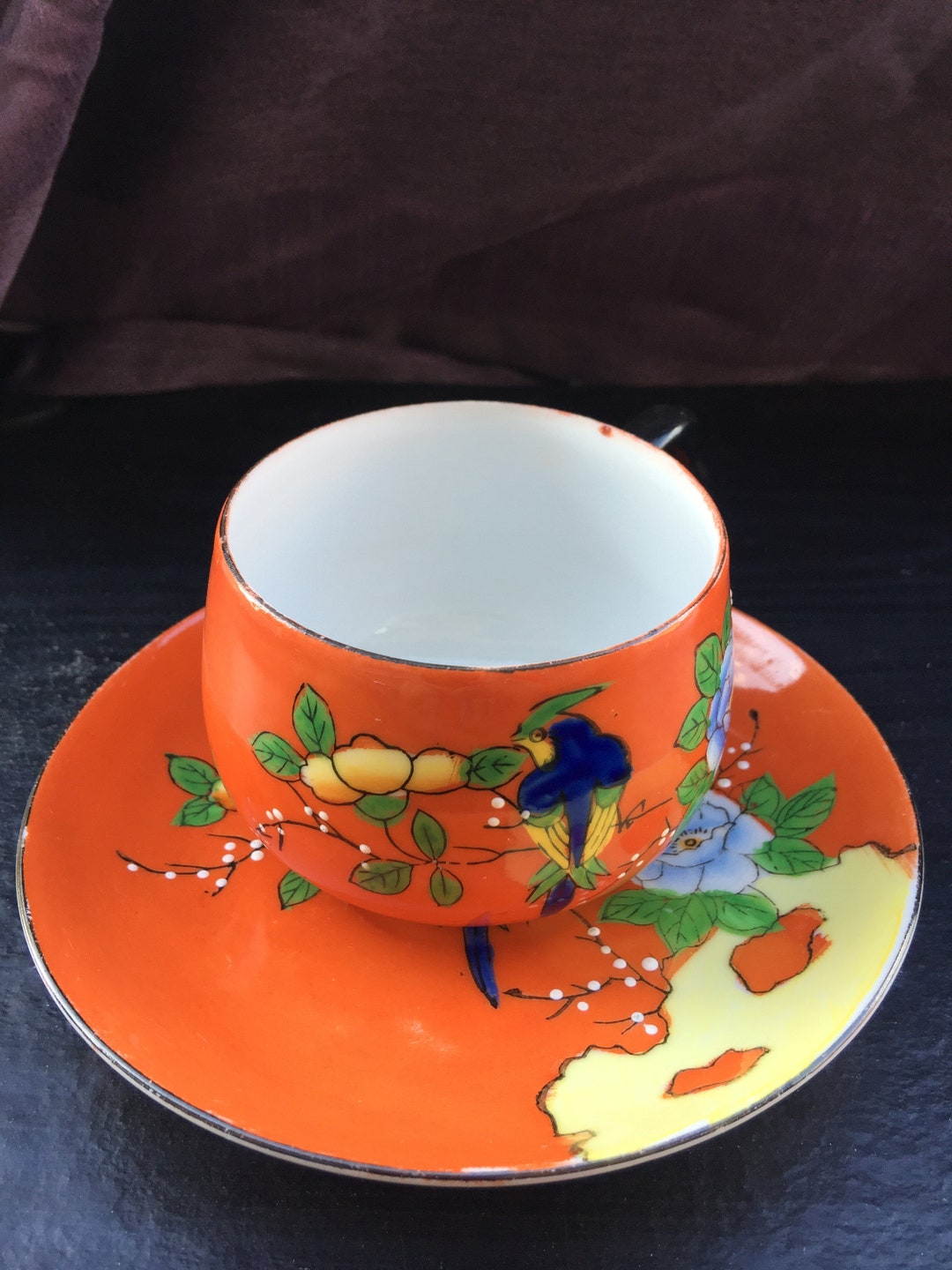 Rare Chikaramachi Japan Hand Painted Coral Color Bird Floral Teacup - Etsy