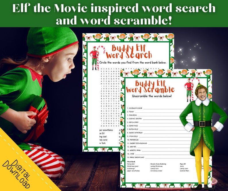 Elf Movie Christmas Party Games: Word Scramble & Search (digital ...