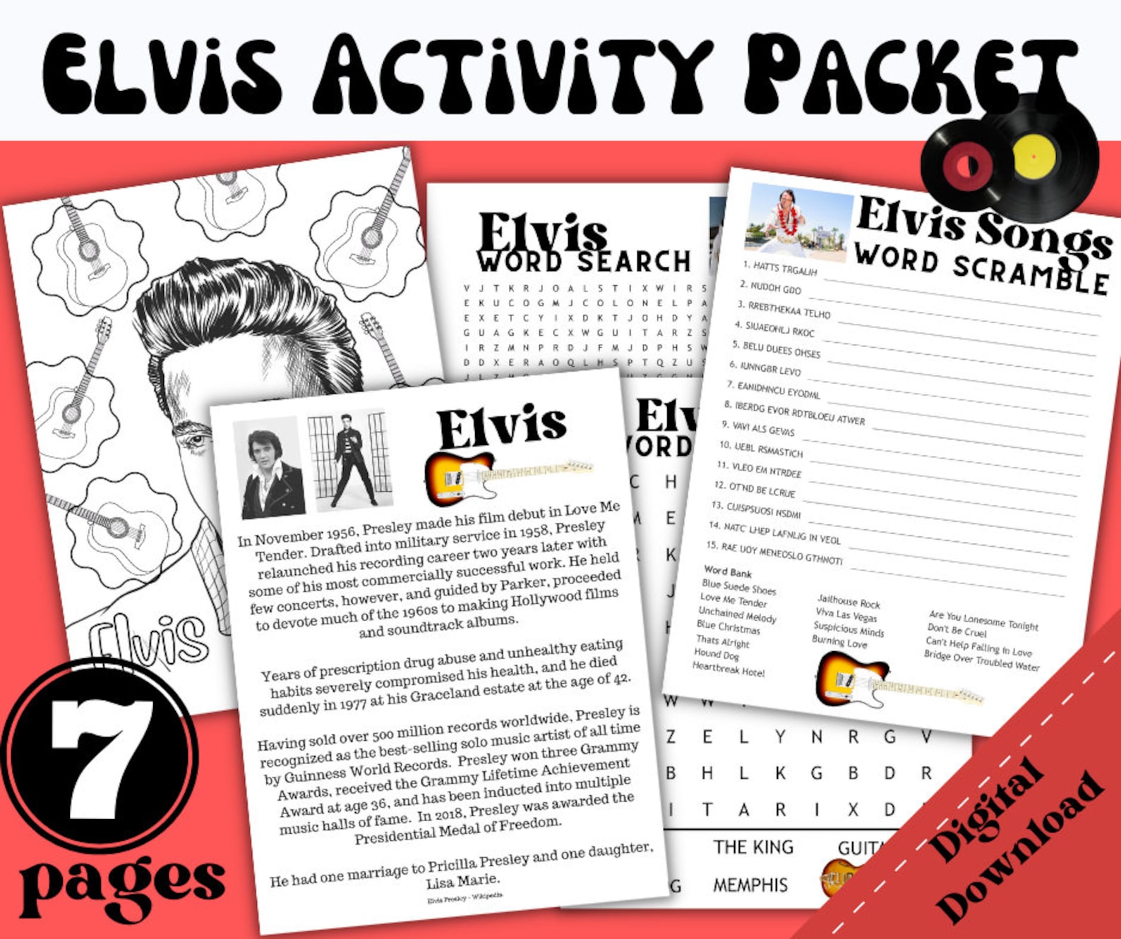 Elvis Activity Packet: Biography, Puzzles, Coloring (digital Download ...