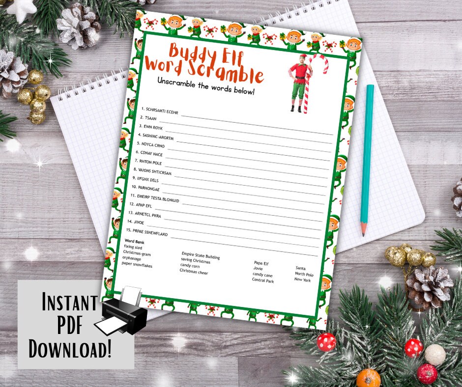 Elf Movie Christmas Party Games: Word Scramble & Search (digital ...