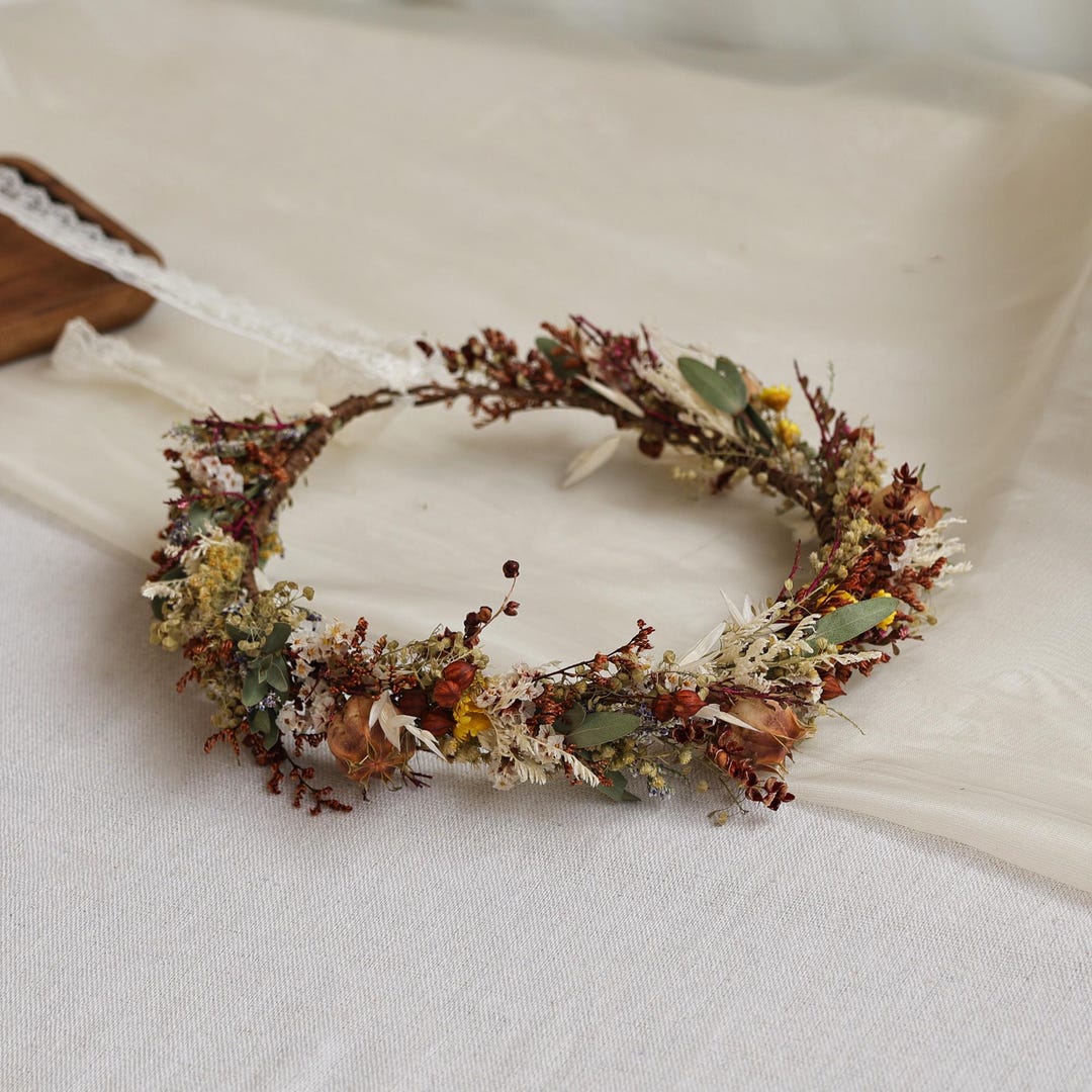 Bridal Flower Crown, Dried Flower Hair Garland, Fall Flower Crowns for ...