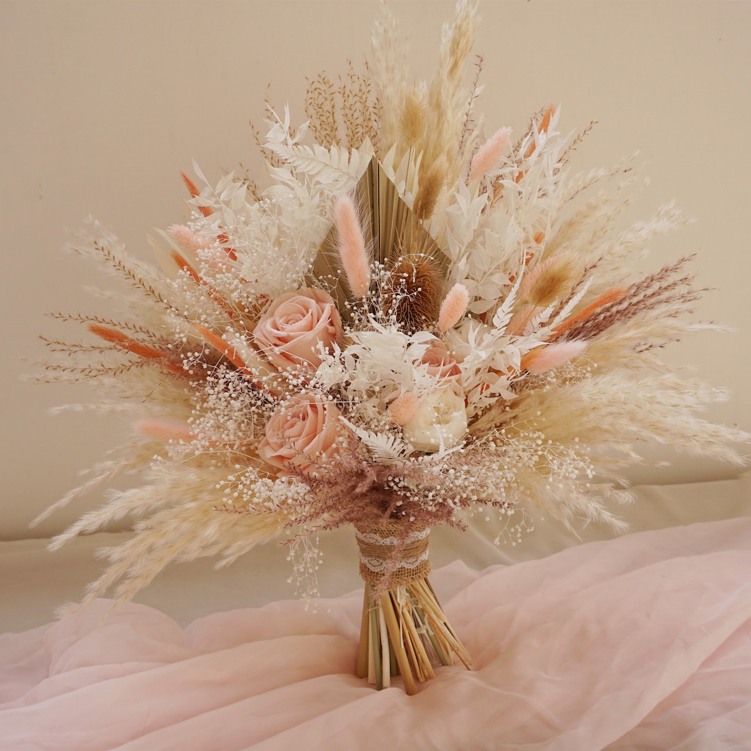 Pink Rose Bouquet - Pampas Grass Bouquet -boho Bridal Bouquet-boho ...
