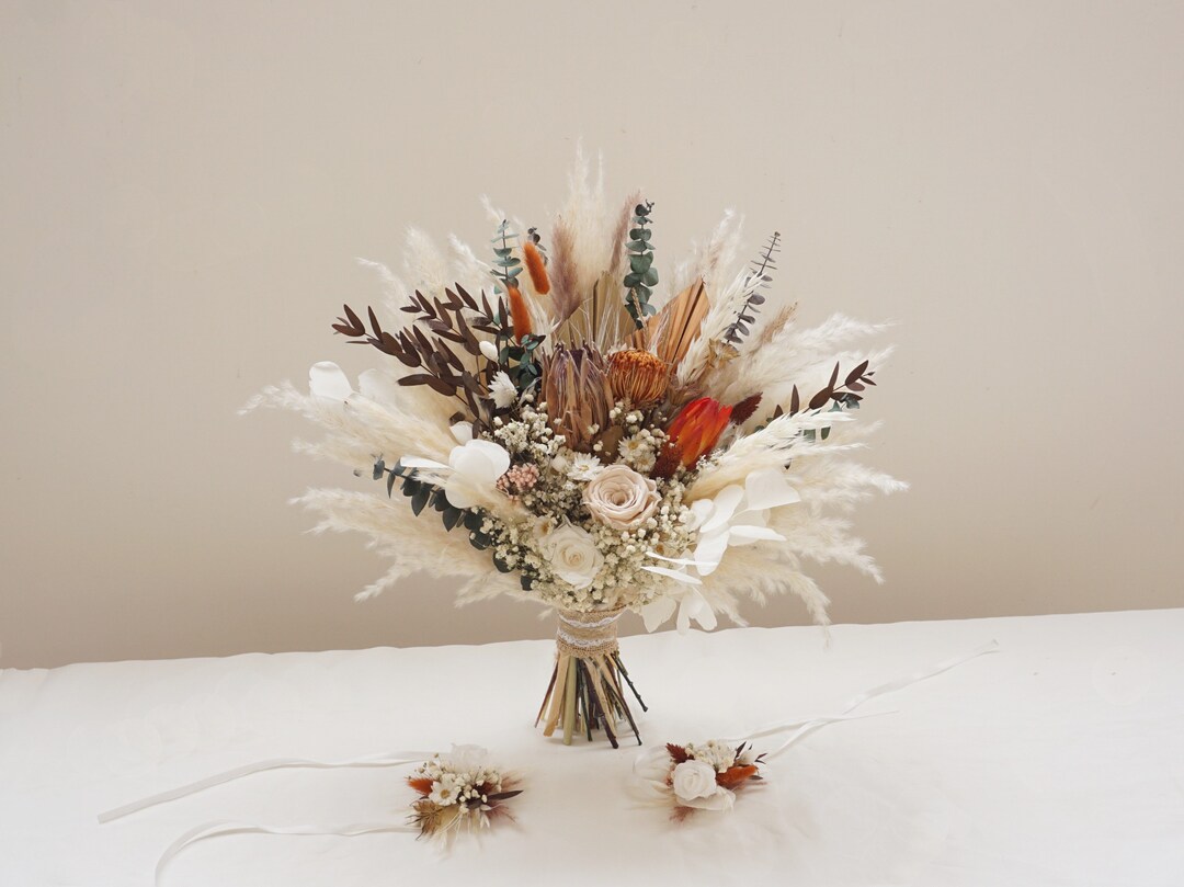 Dried Pampas Grass&dust Rose Bridal Bouquet, Bohemian Eucalyptus Leaf ...