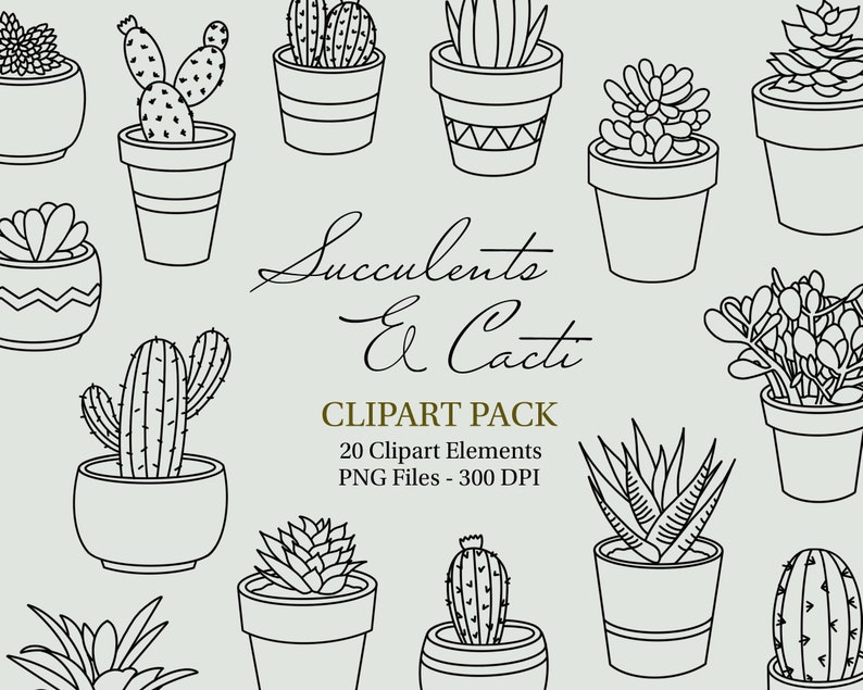 Succulents & Cacti Clipart Pack - Hand Drawn Doodles. Cactus, Plants ...