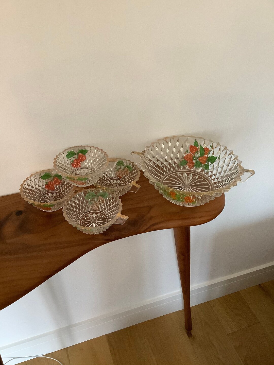 Vintage Glass Fruit Bowl Set, Mid Century Cut Glass Dessert Set, 1950s ...