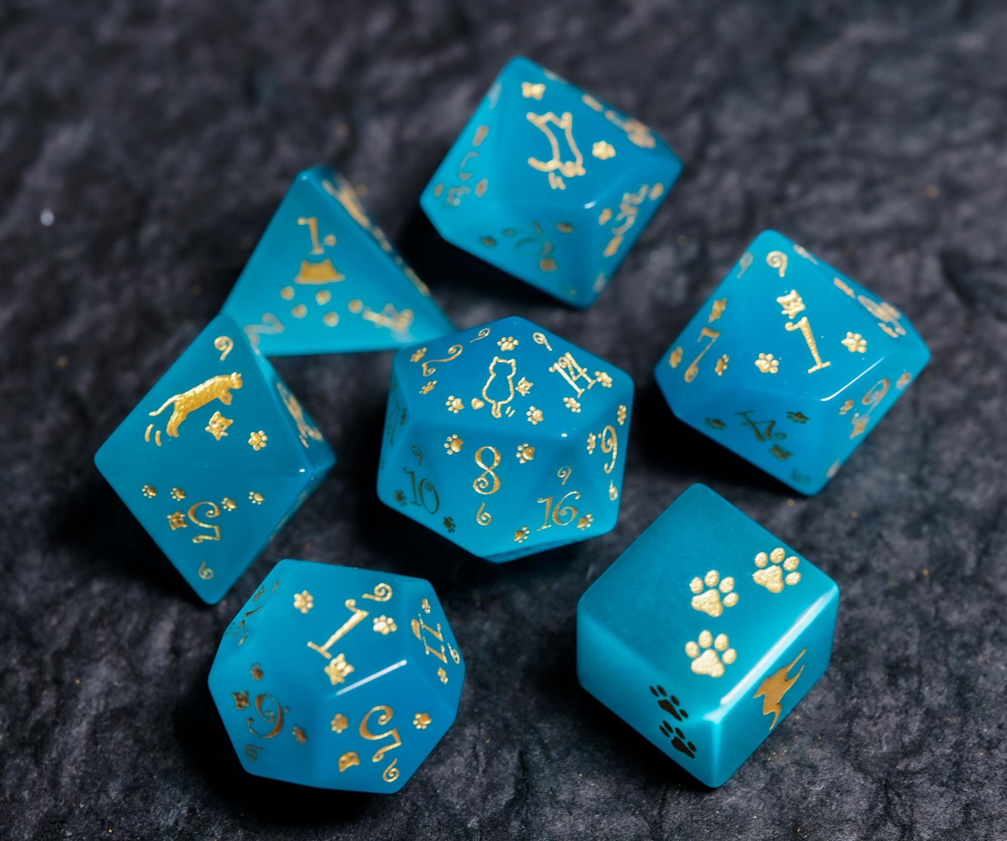 Aqua Cat's Eye Dnd Dice Set: Hand-carved Polyhedral Gemstone Dice - Etsy