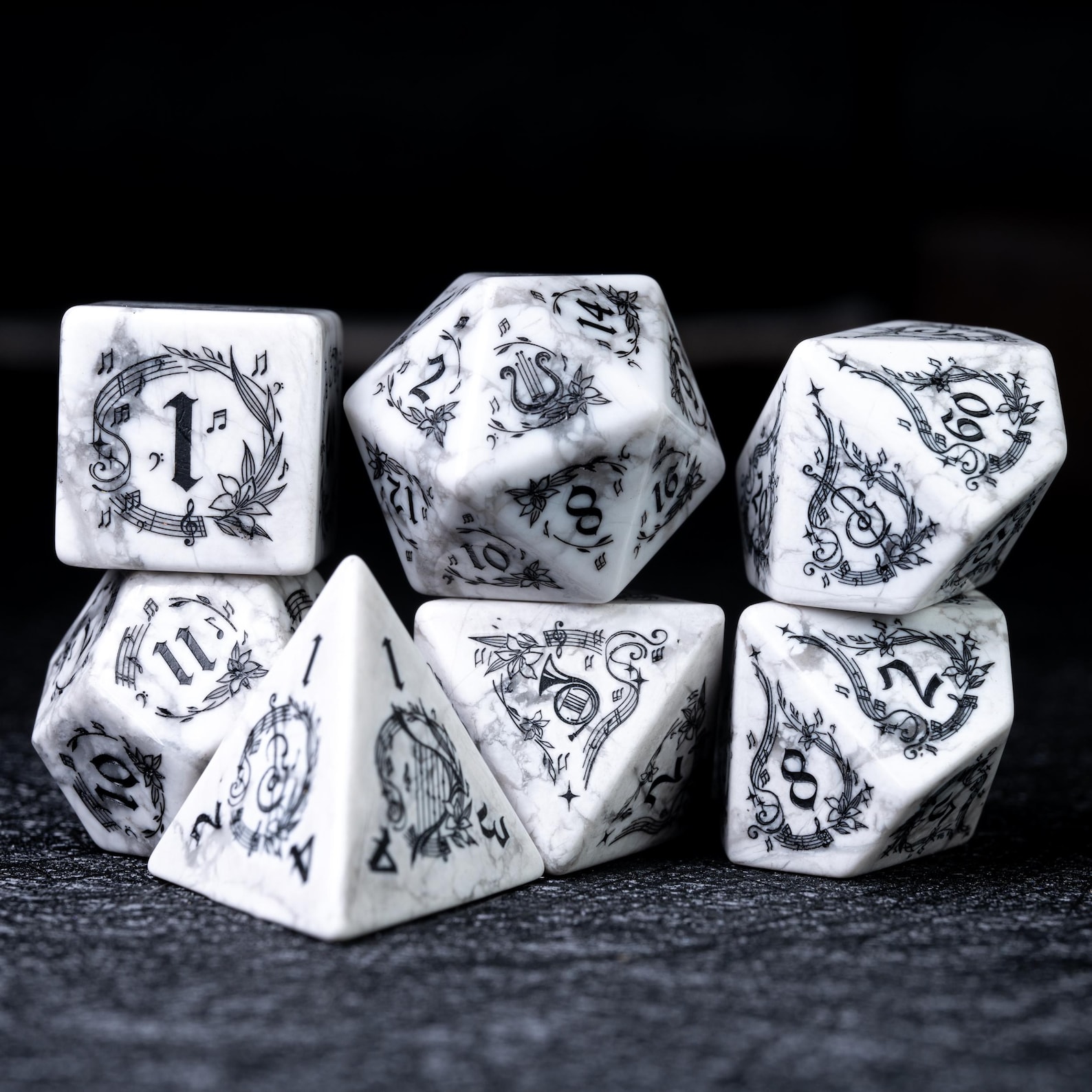 Hand Carved White Turquoise DND Dice Set: Music Theme, Original Design ...