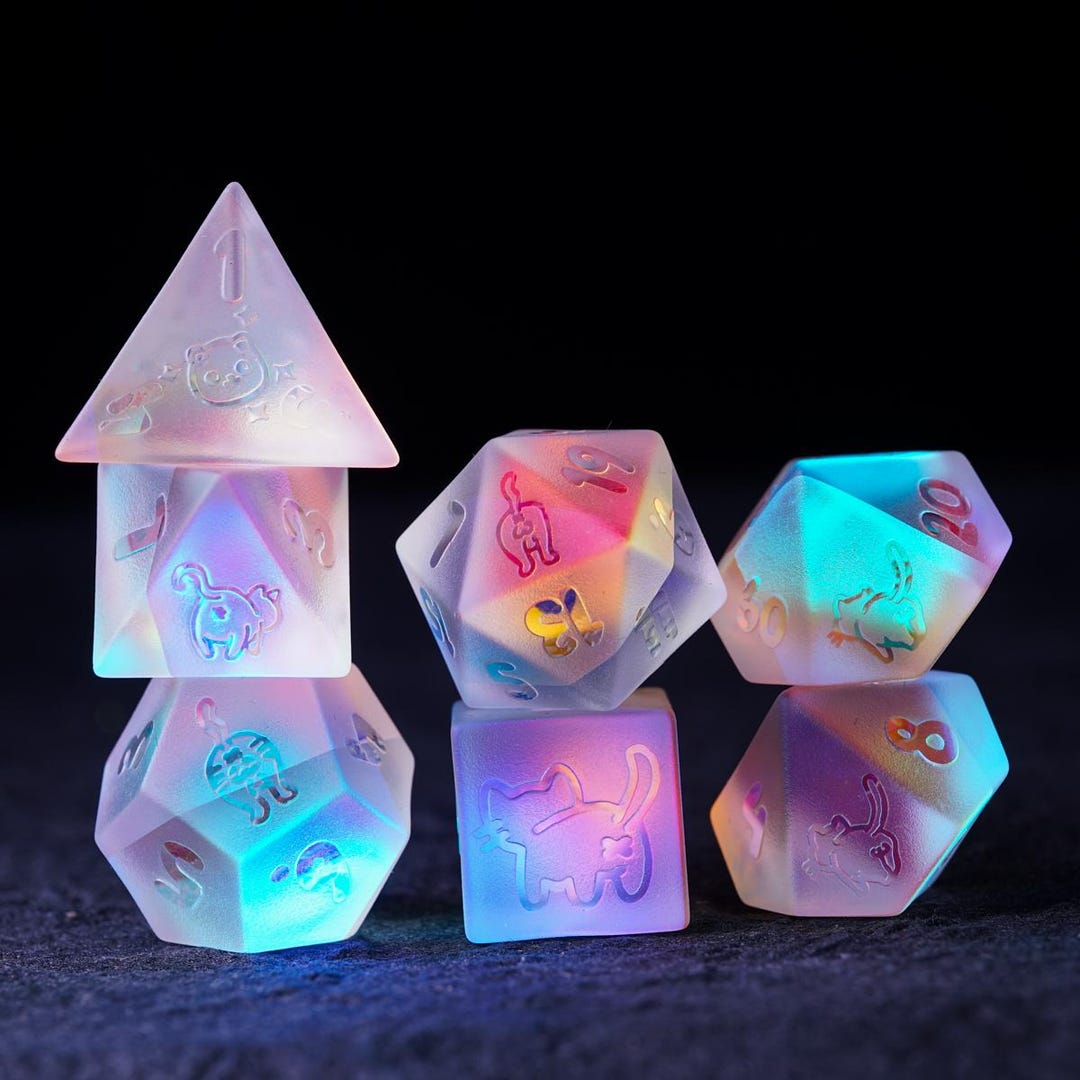 Cat-themed Dichroic Crystal Dice Set: Rainbow Polyhedral RPG Dice - Etsy