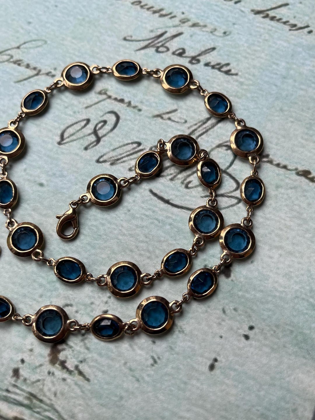 Vintage Bezel Necklace 18ct Gold Plated, Blue Crystal Chain Link ...
