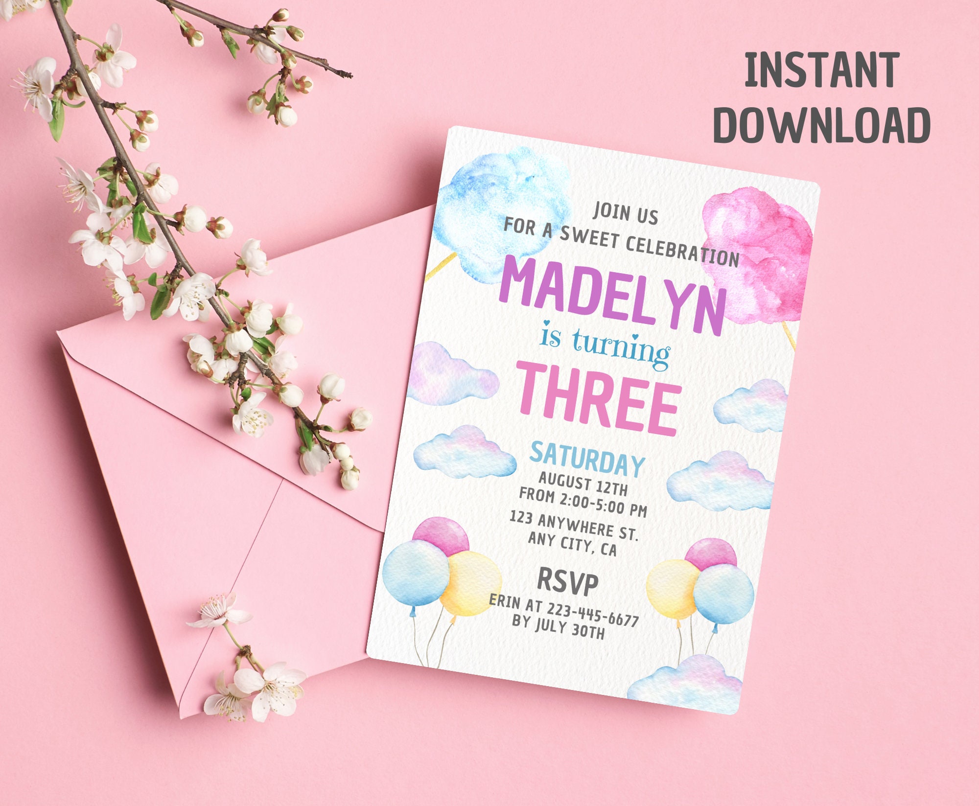 Editable Cotton Candy Birthday Party Invitation Instant Download ...