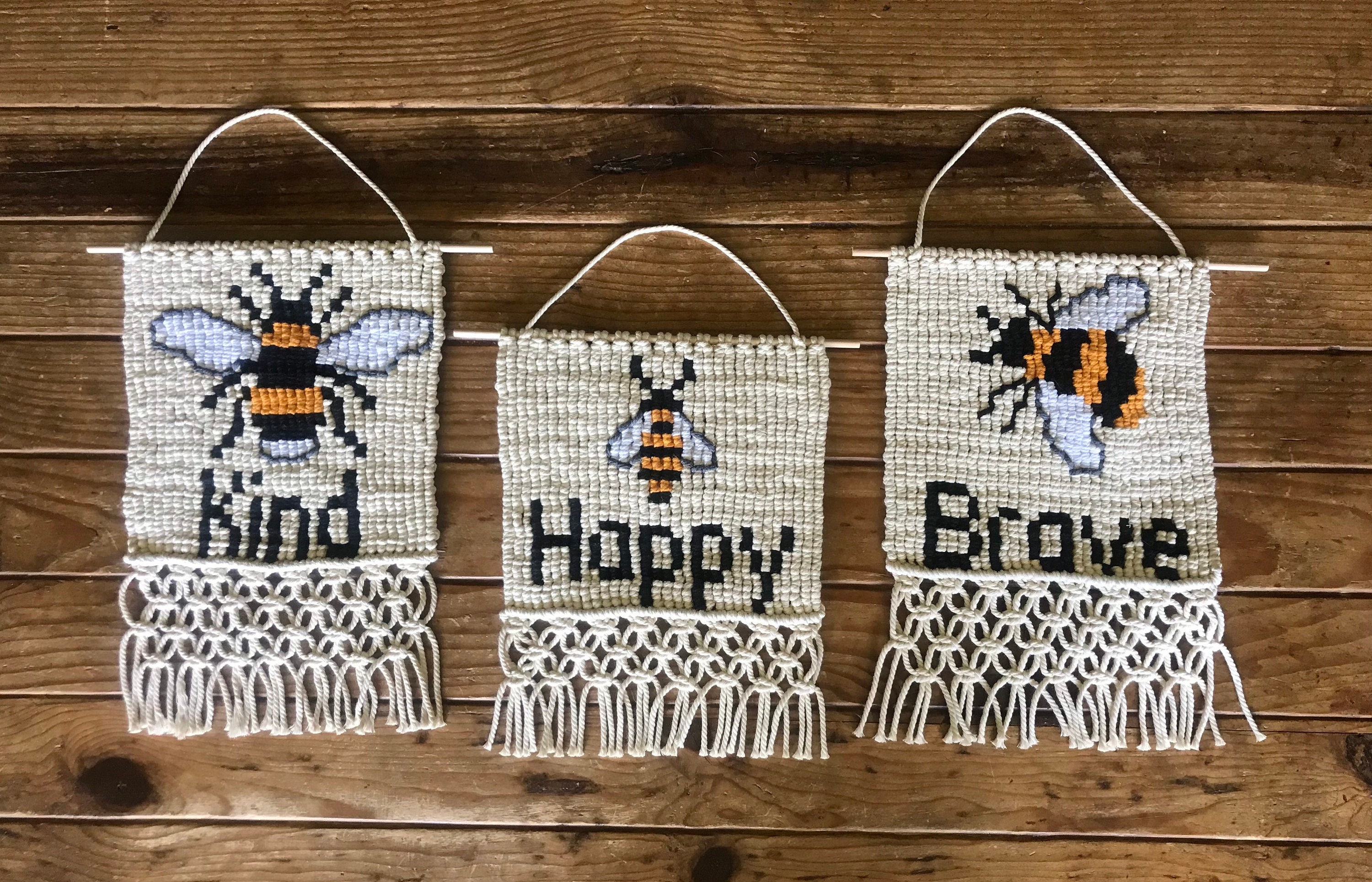 Macrame Wall Hanging. Bee Kind, Bee Happy, Bee Brave - Set of 3 - or ...